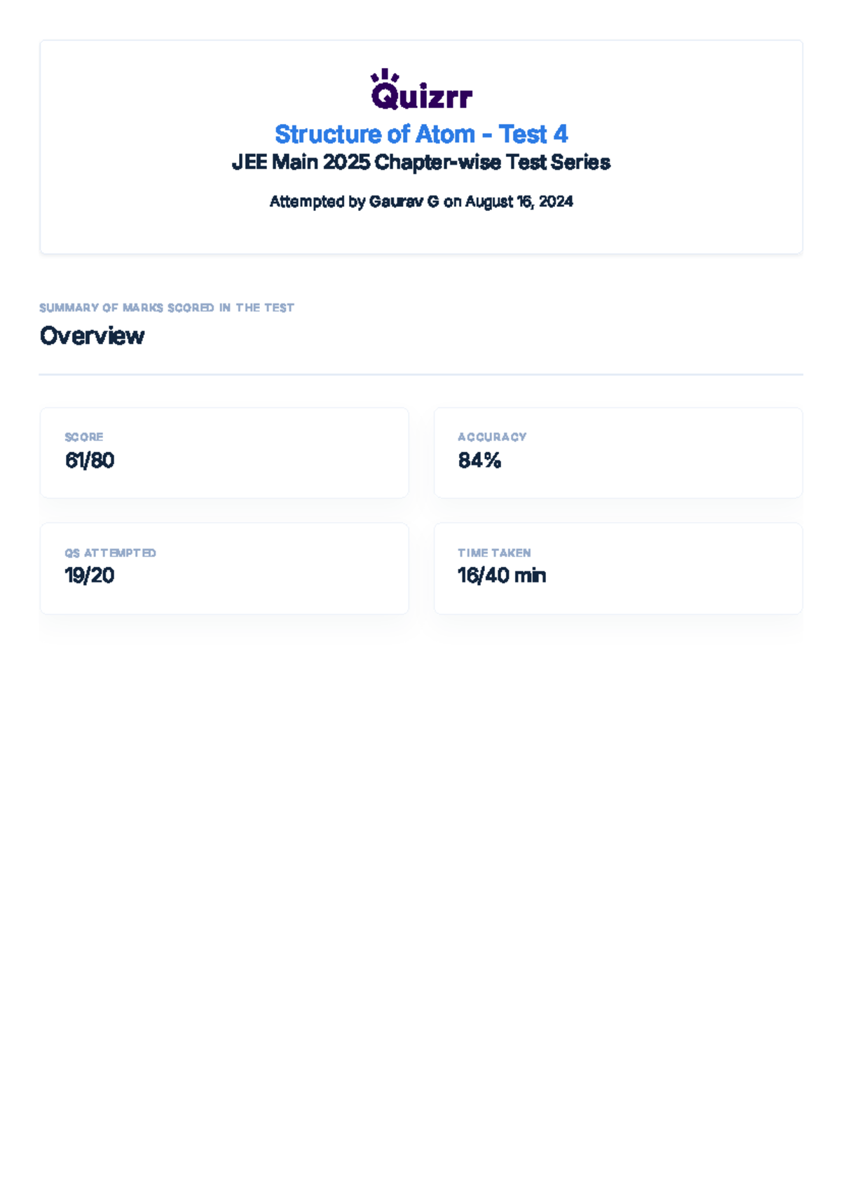 66bf20eff1925e7a49e12ec1 quizrr - Structure of Atom - Test 4 JEE Main ...