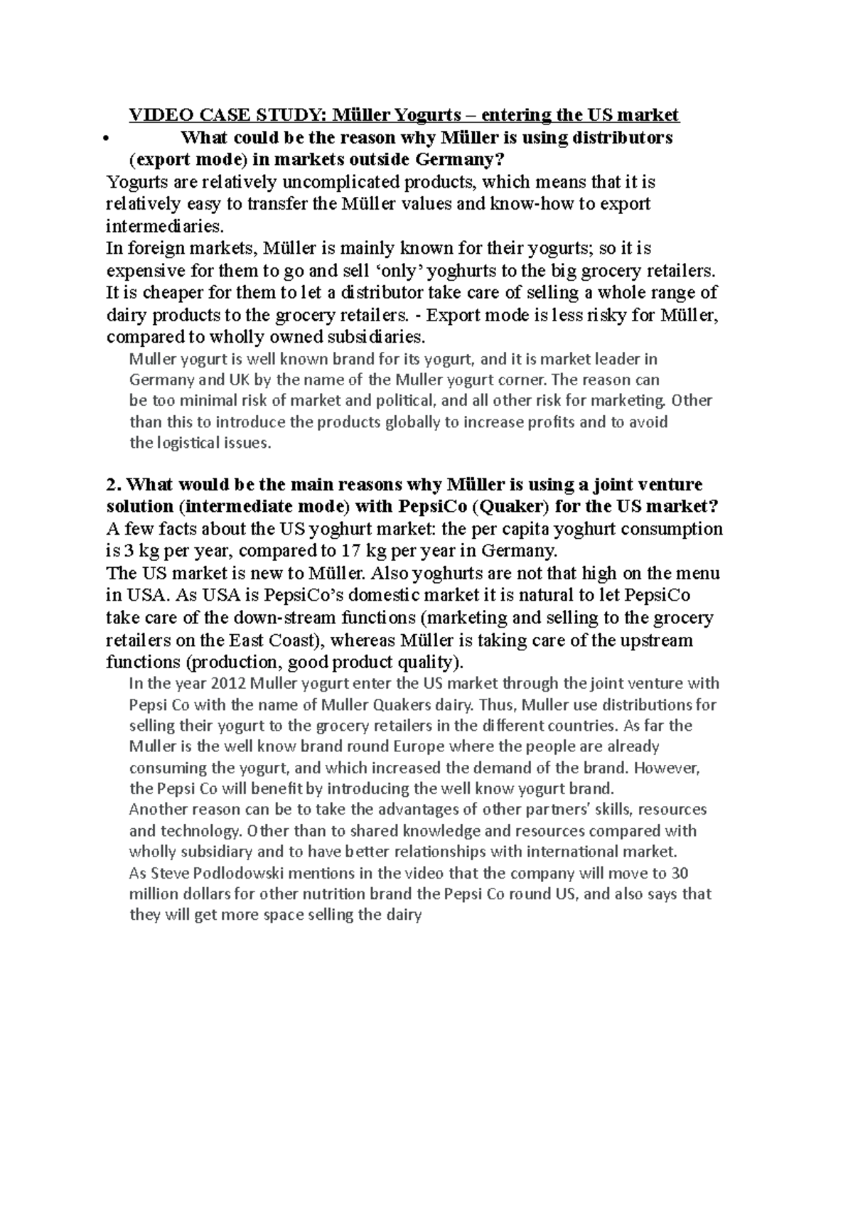 Marketing - Muller answers 2 - VIDEO CASE STUDY: Müller Yogurts – entering the US market What ...