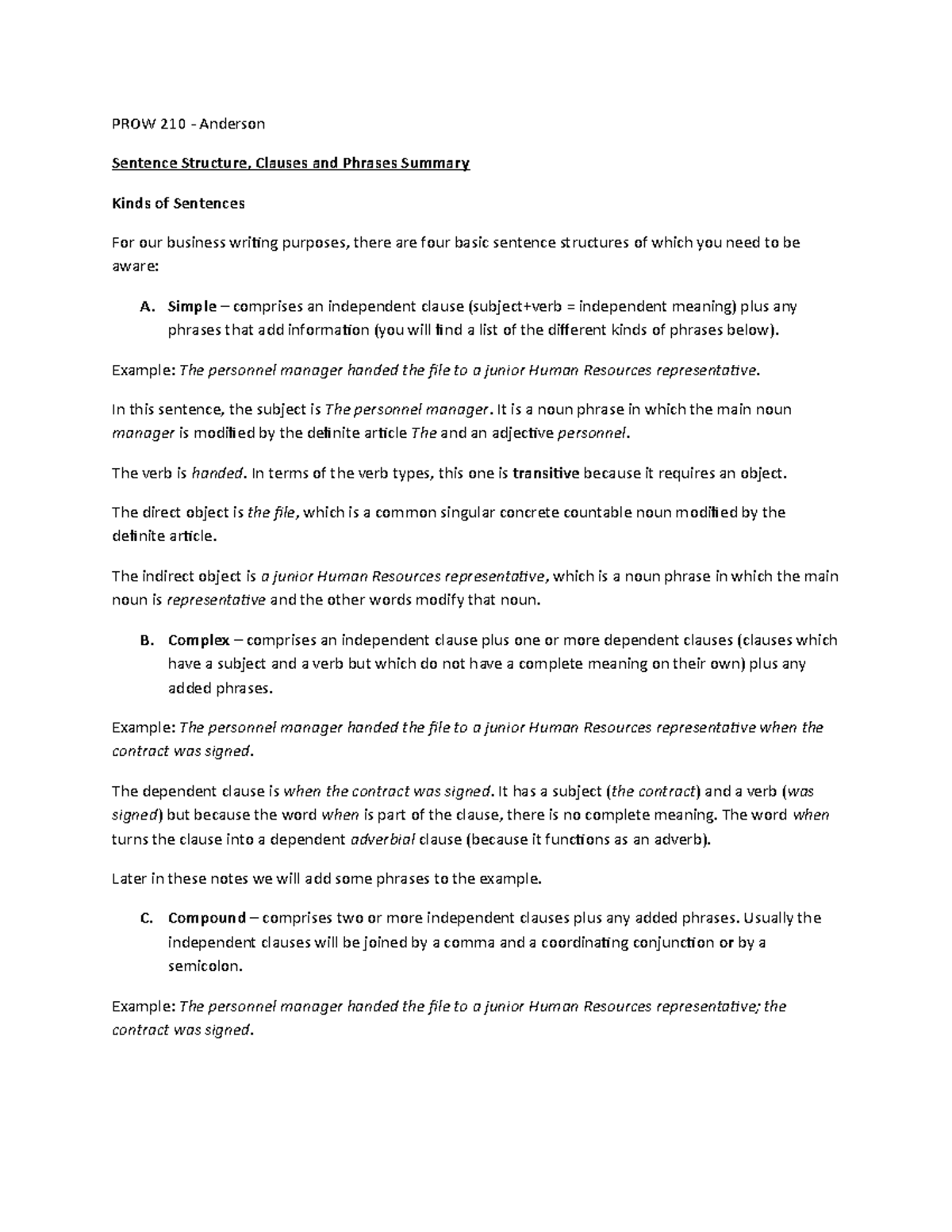 Sentence Structure Notes - PROW 210 - Anderson Sentence Structure ...