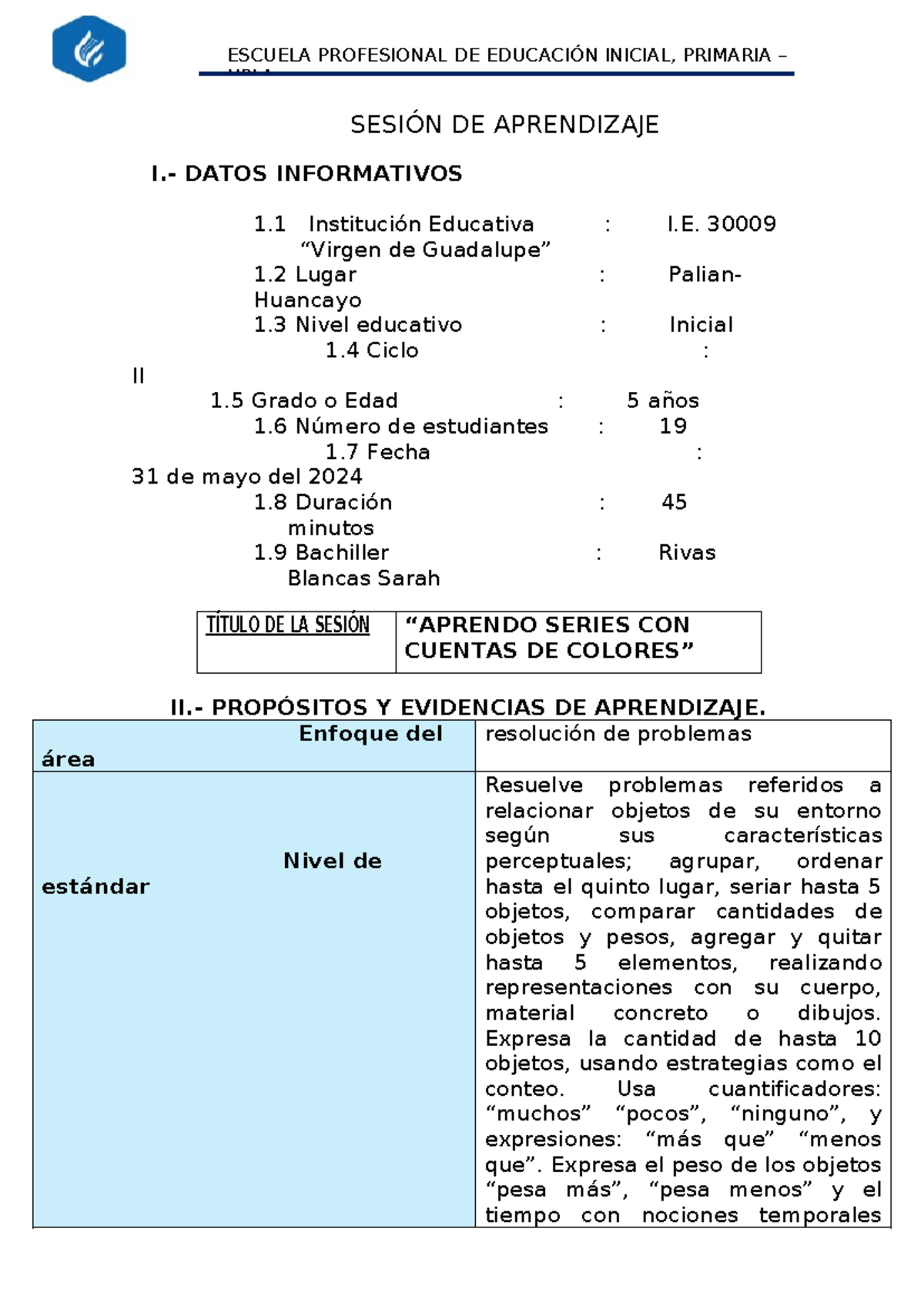 Seriacion - asdfh - UPLA SESIÓN DE APRENDIZAJE I.- DATOS INFORMATIVOS 1 ...