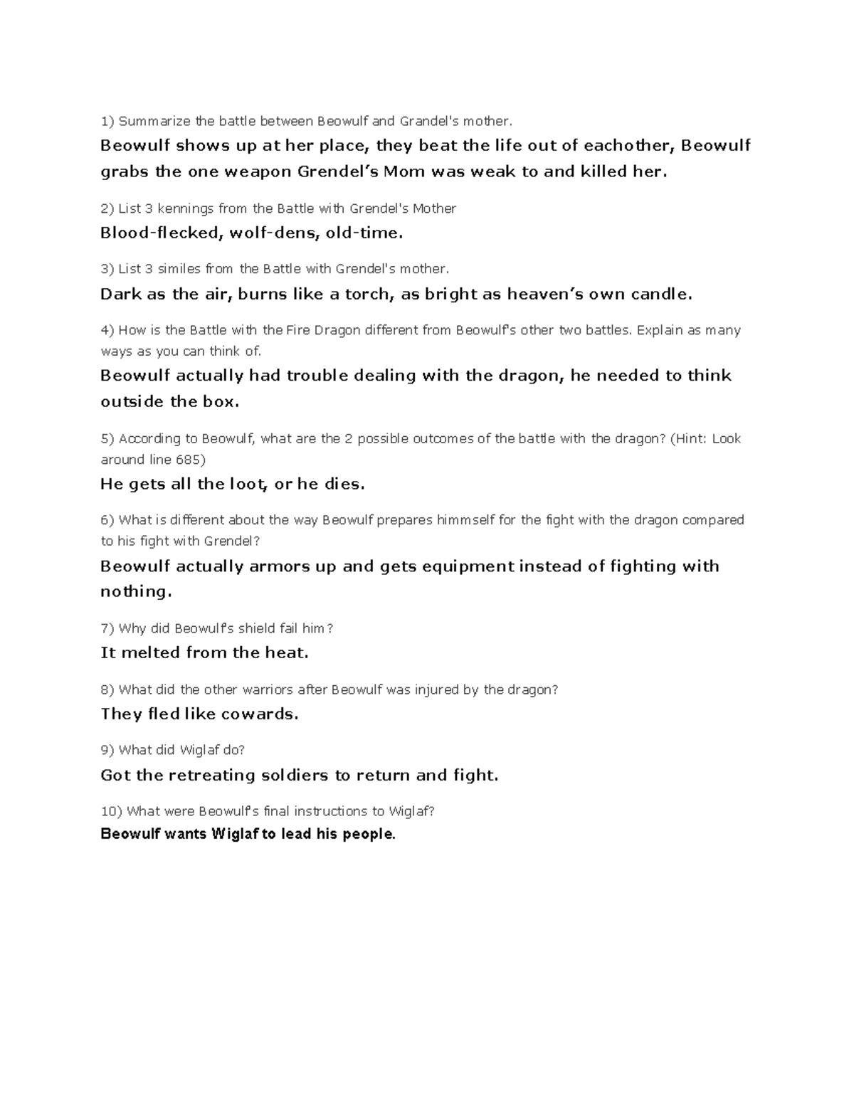 1) Summarize the battle between Beowulf and Grandel's mother - Beowulf ...