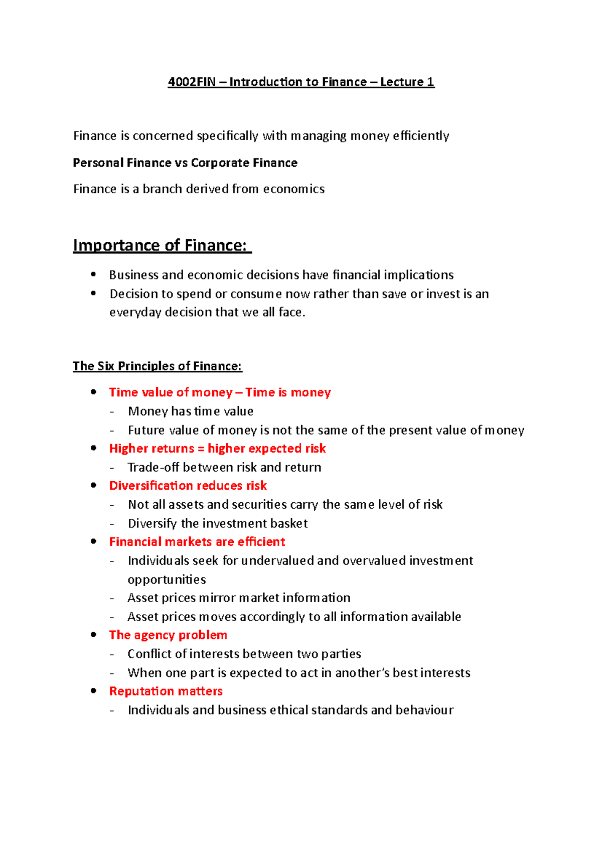 4002ACC - Lecture 1 Notes - 4002FIN – Introduction to Finance – Lecture ...