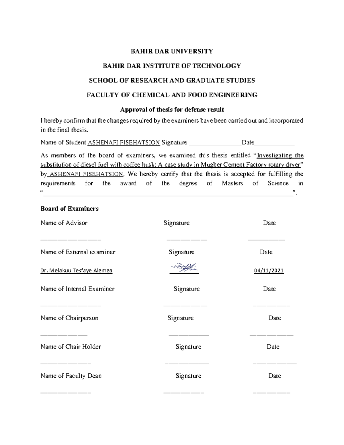 Approval Format ashenafy - BAHIR DAR UNIVERSITY BAHIR DAR INSTITUTE OF ...