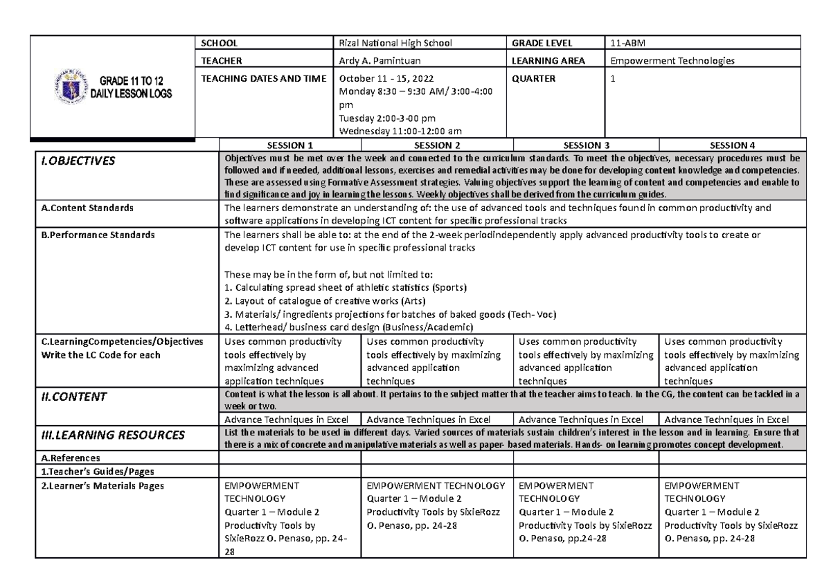 Emptech DLP Oct. 11-15, 2022 - SCHOOL Rizal National High School GRADE LEVEL 11-ABM TEACHER Ardy ...