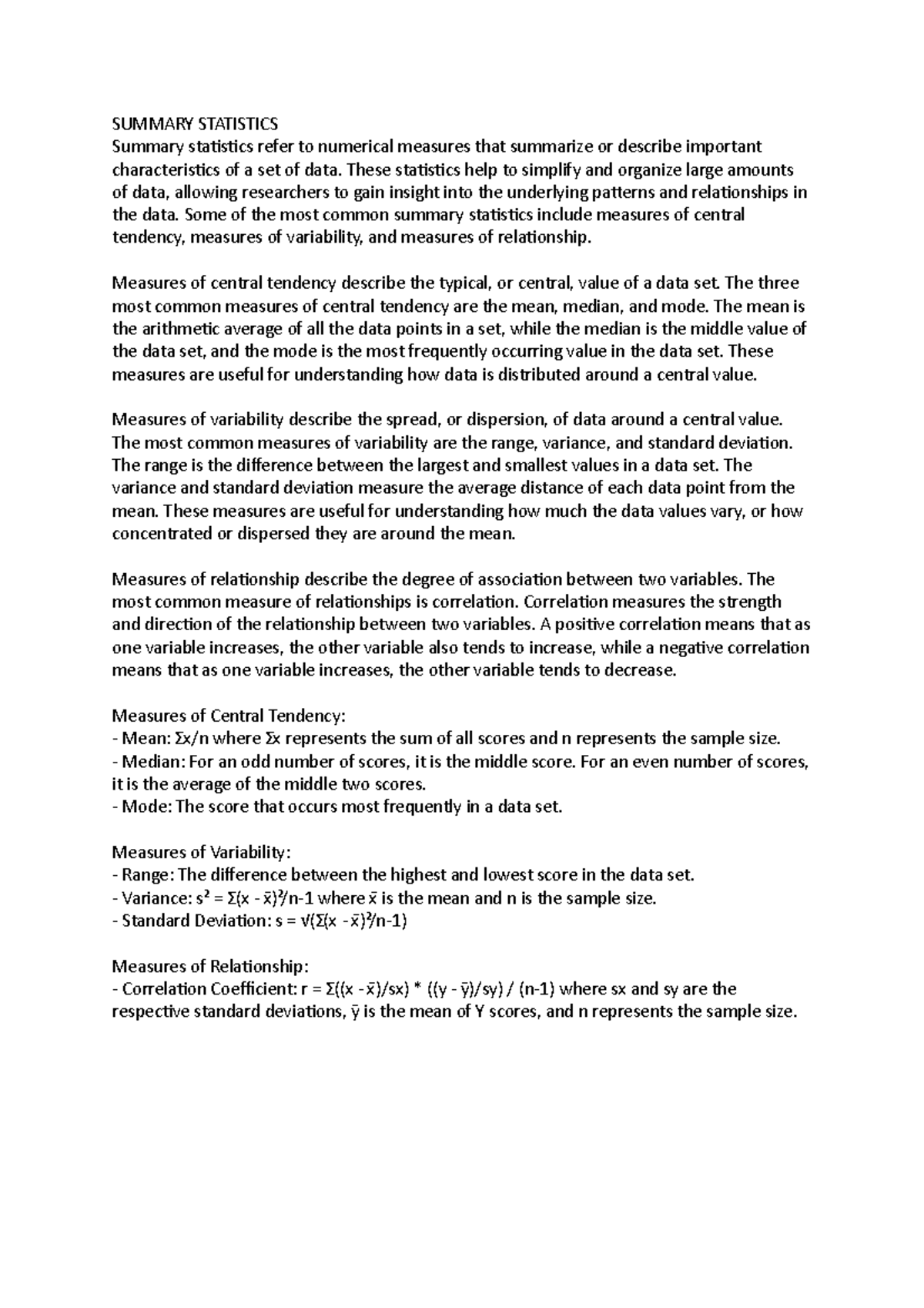 Summary Statistics - SUMMARY STATISTICS Summary statistics refer to ...