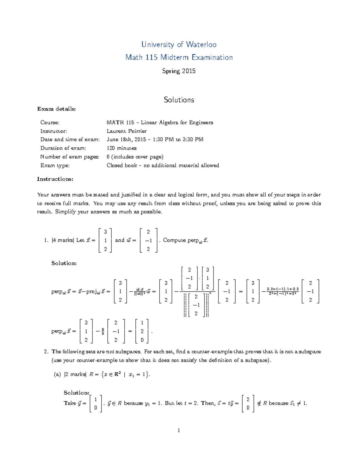 Sol-midterm - Proofs. - University of Waterloo Math 115 Midterm ...