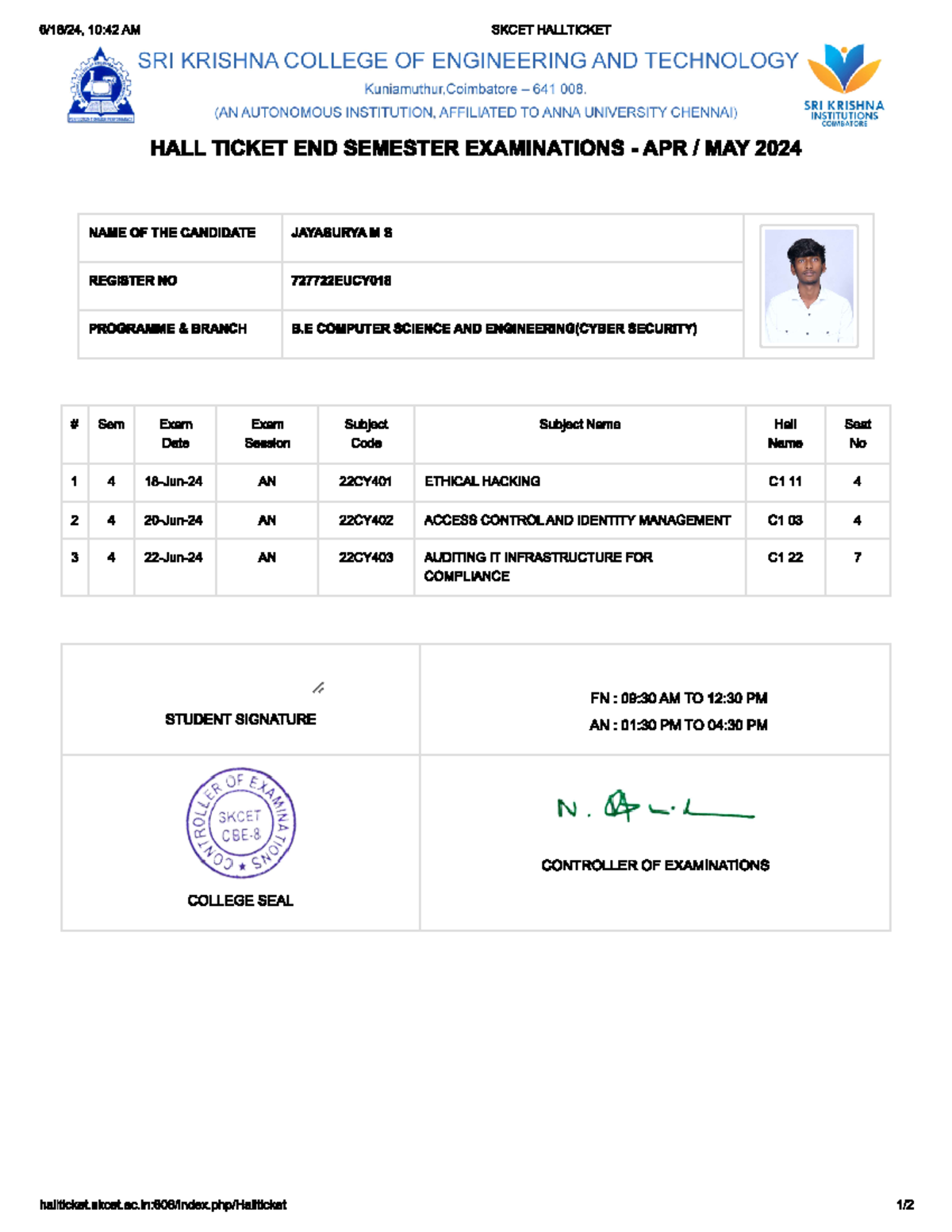 SEM4 - nothing - 10:42 AM SKCET HALLTICKET STATE SRI KRISHNA COLLEGE OF ...