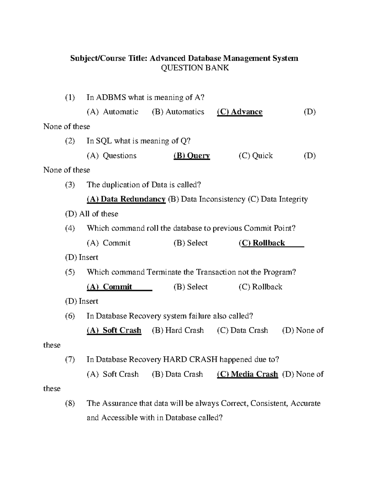 DCA202 Newquestion BANK - Subject/Course Title: Advanced Database ...