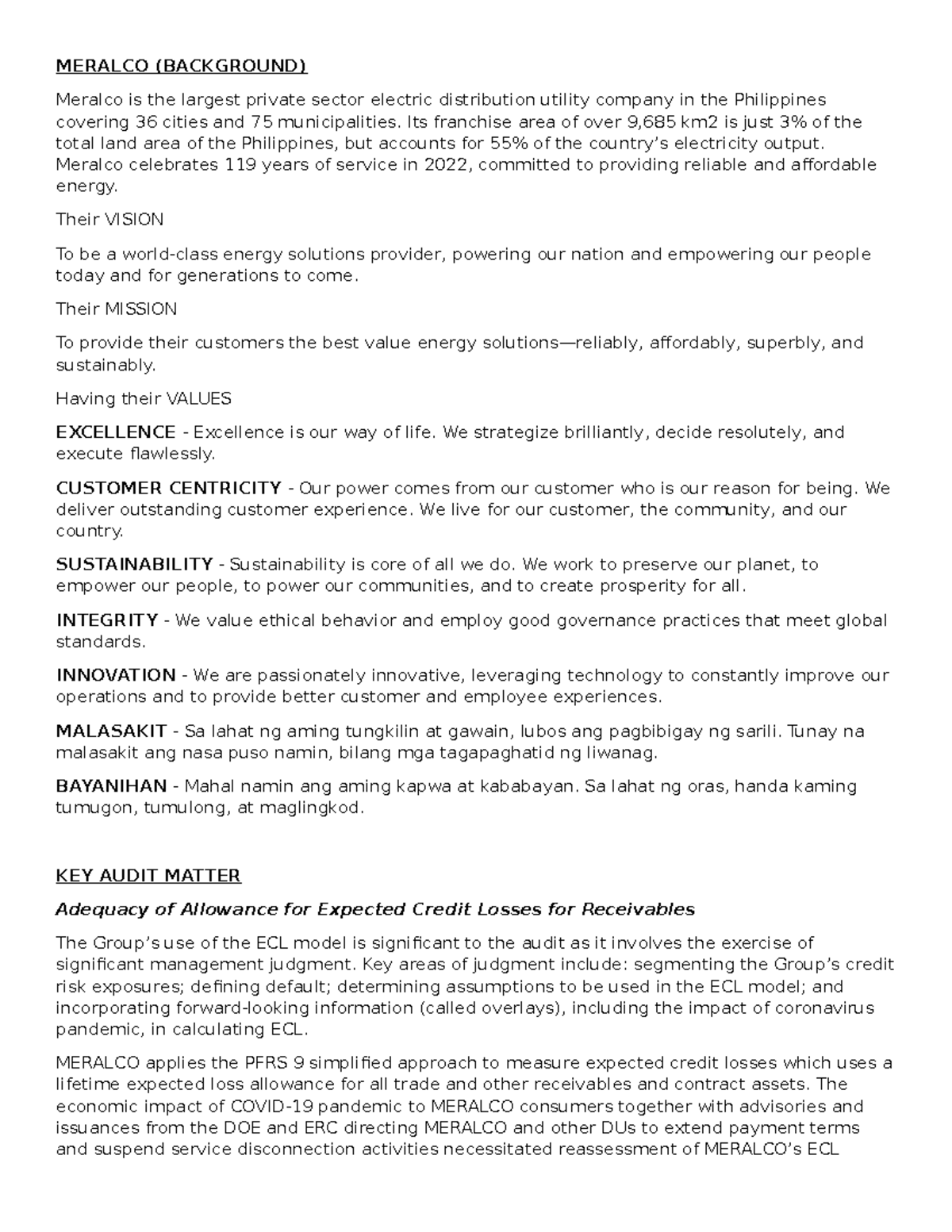 Meralco (Power/ Utility Industry Audit) - MERALCO (BACKGROUND) Meralco ...