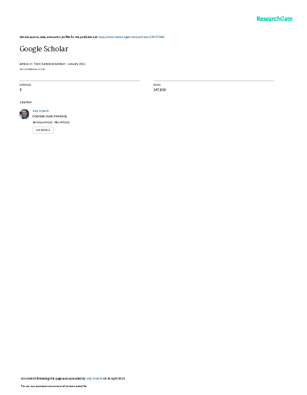 Google Scholar - notes on - See discussions, stats, and author profiles ...