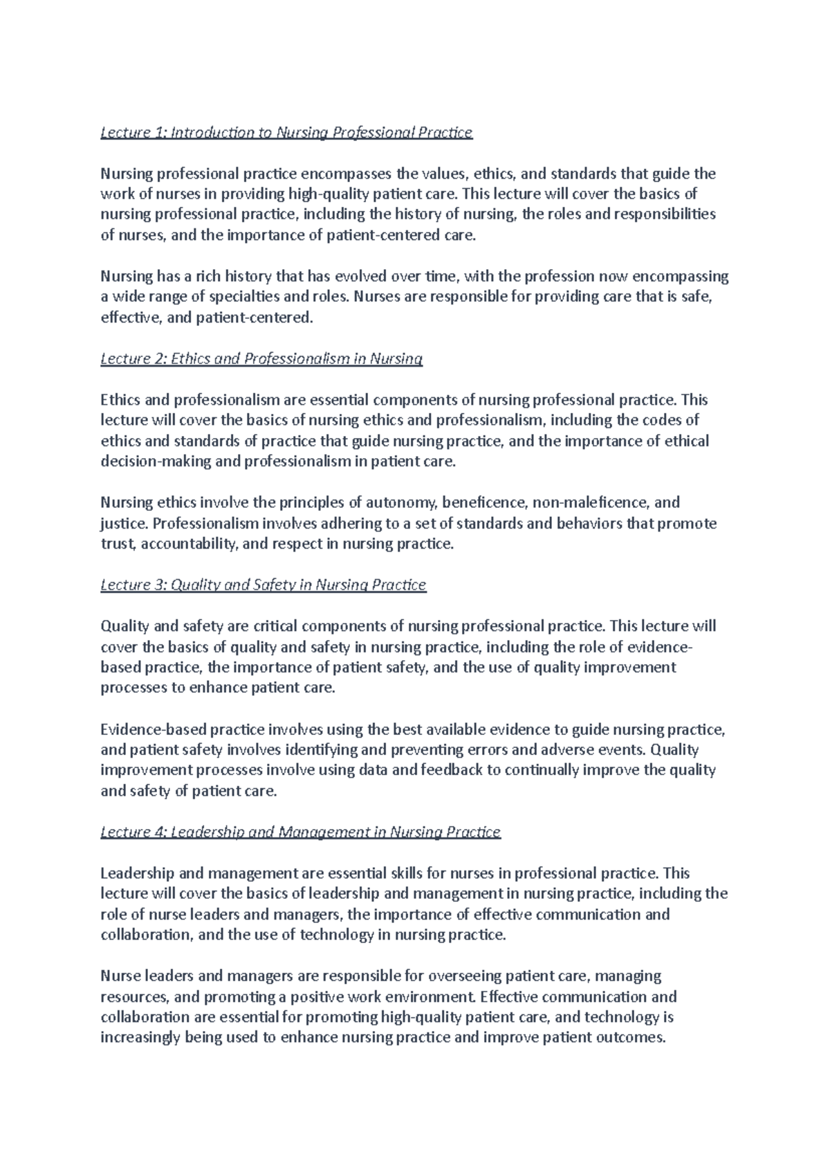 Nursing Professional Practice Notes - Lecture 1: Introduction to ...