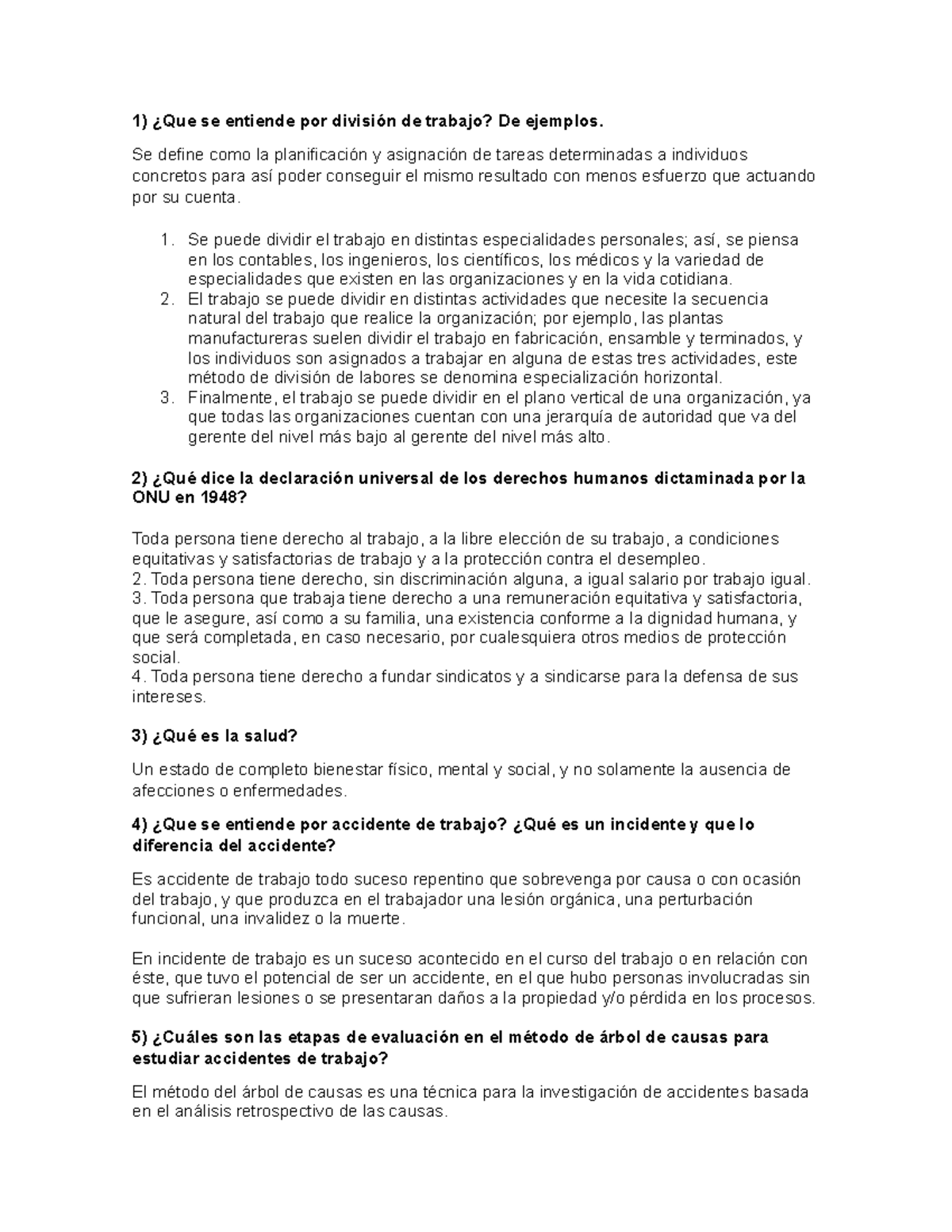 Resumen Primer Parcial seg e higiene - 1) ¿Que se entiende por división de trabajo? De ejemplos ...