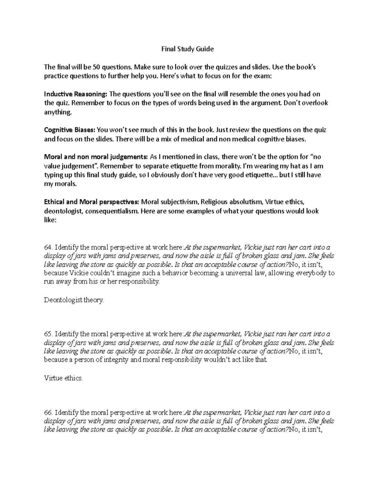 Final Study Guide Final Study Guide The Final Will Be 50 Questions