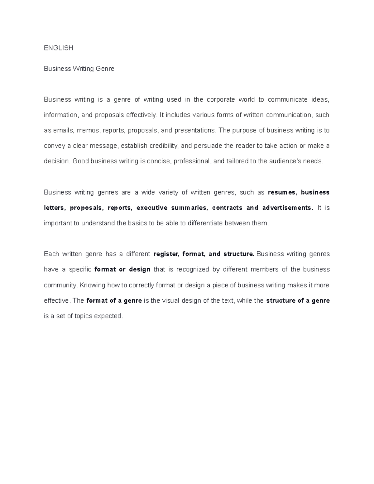 English - Business Writing Genre - ENGLISH Business Writing Genre ...