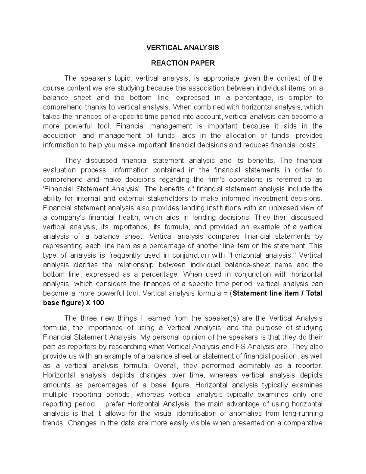 Reaction-Paper-Vertical Analysis - VERTICAL ANALYSIS REACTION PAPER The ...