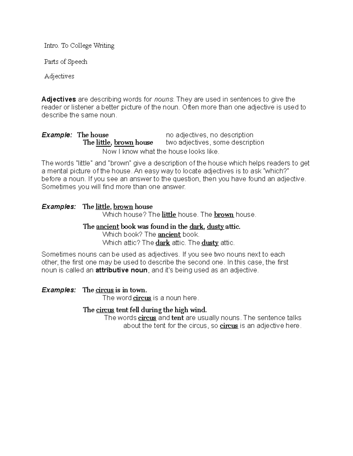 Adjectives - Intro. To College Writing Parts of Speech Adjectives ...