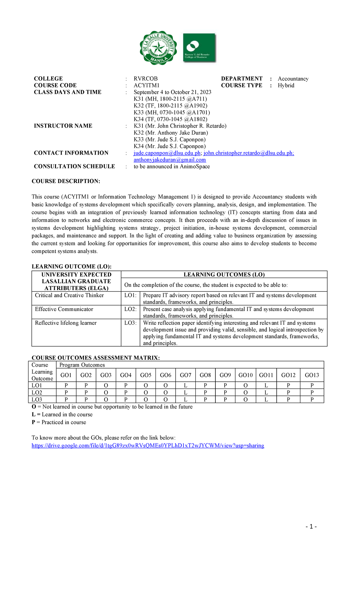 Acyitm 1 Syllabus T1, AY2023-2024 - COLLEGE : RVRCOB DEPARTMENT : Accountancy COURSE CODE ...