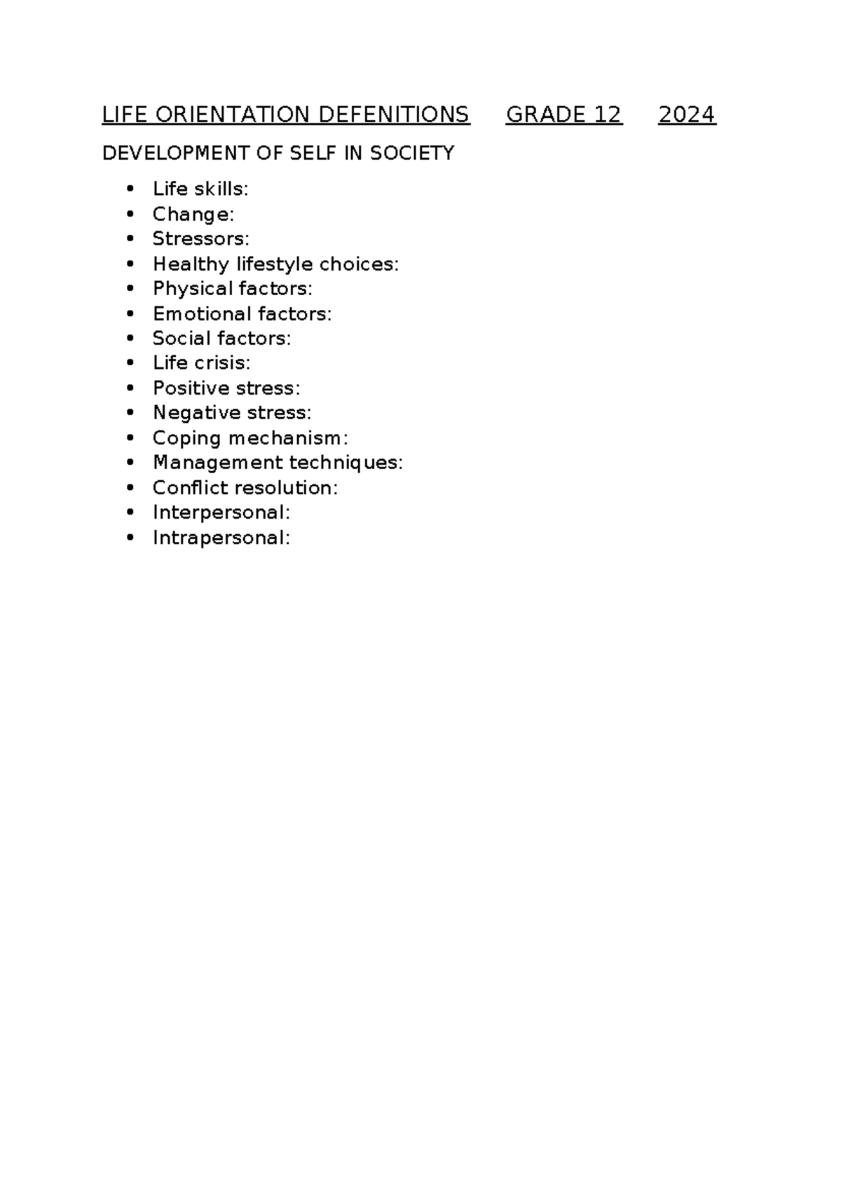LIFE Orientation Defenitions Grade 12 2024 - Copy - Copy - LIFE ...