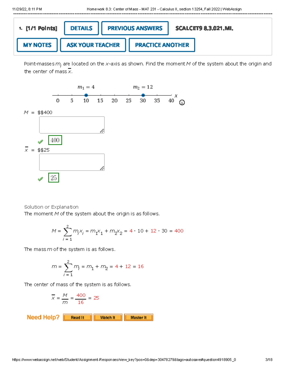Homework 8.3 Center of Mass - MAT 231 - Calculus II, section 13254 ...