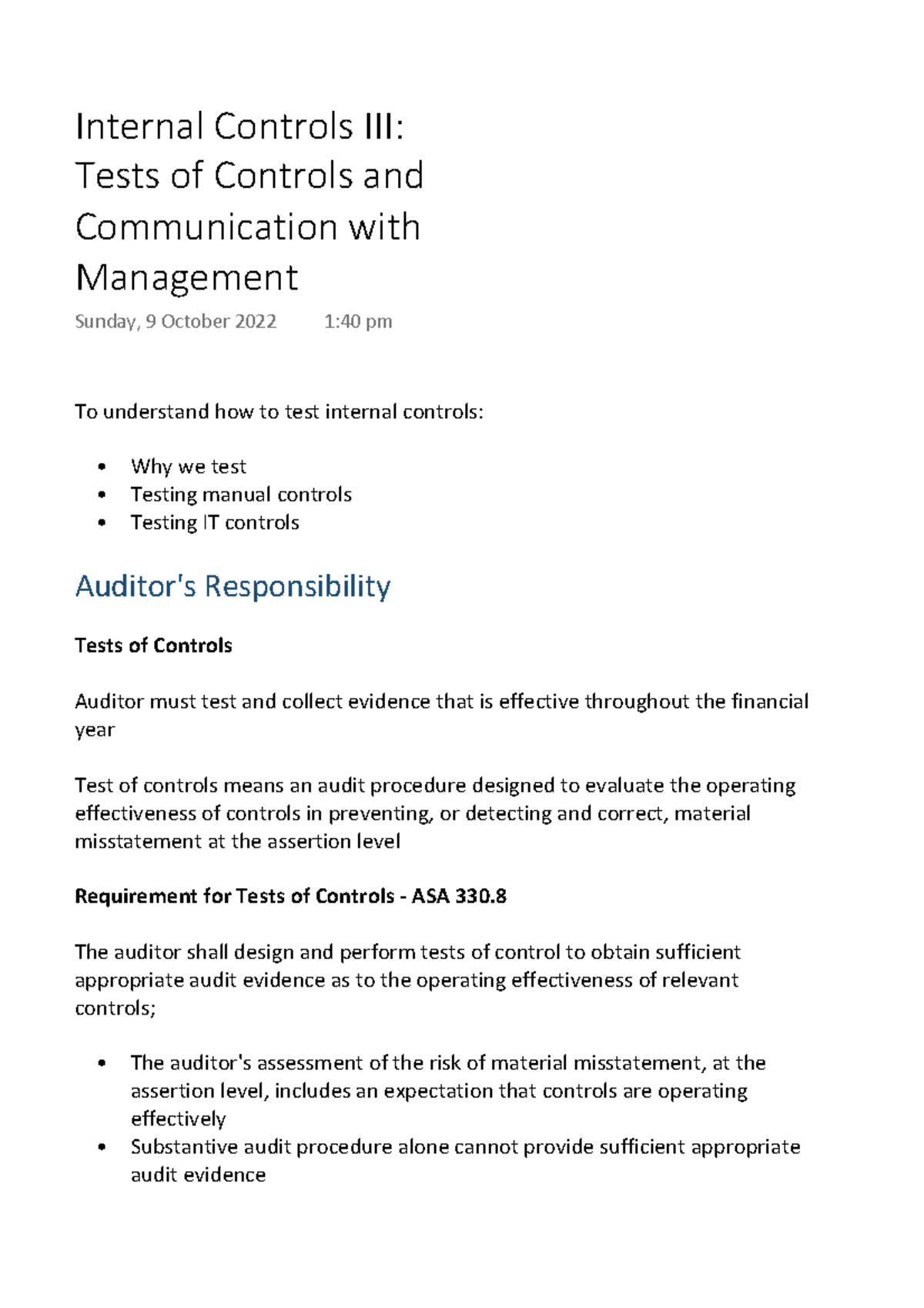 Internal Controls III Tests of Controls and Communication with ...