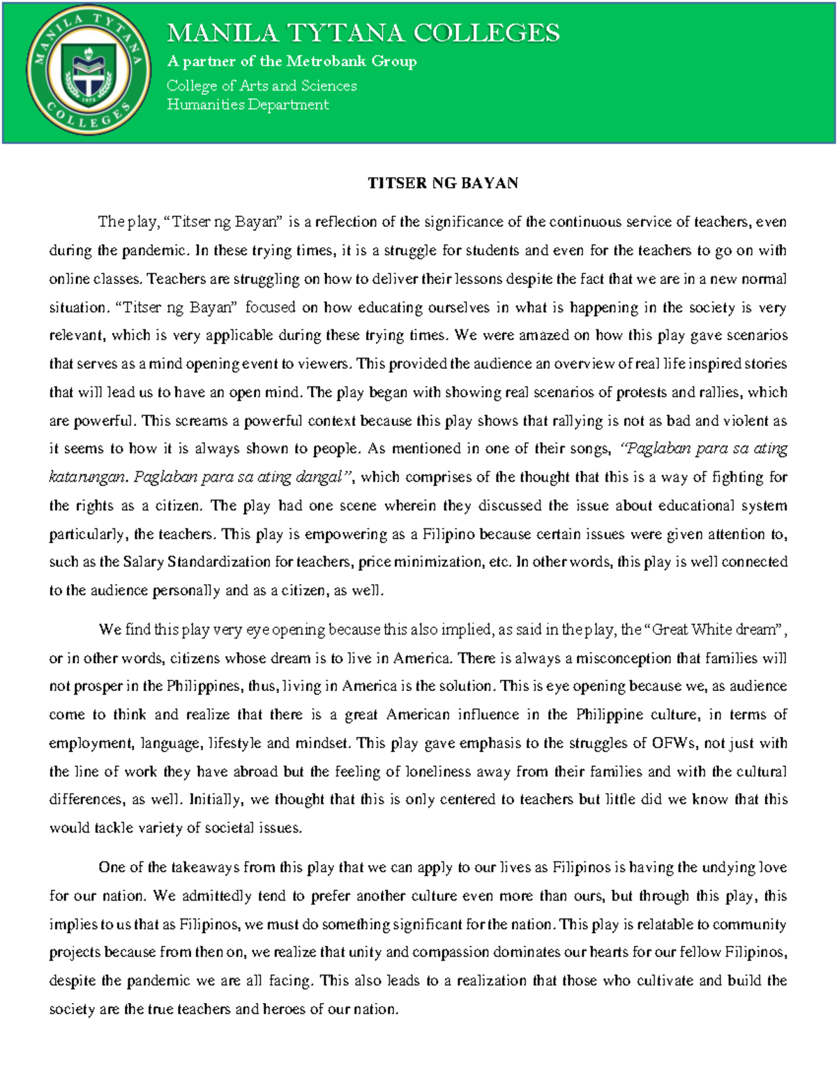 Titser-NG- Bayan - Kahajanaba - TITSER NG BAYAN The play, “Titser ng Bayan” is a reflection of ...