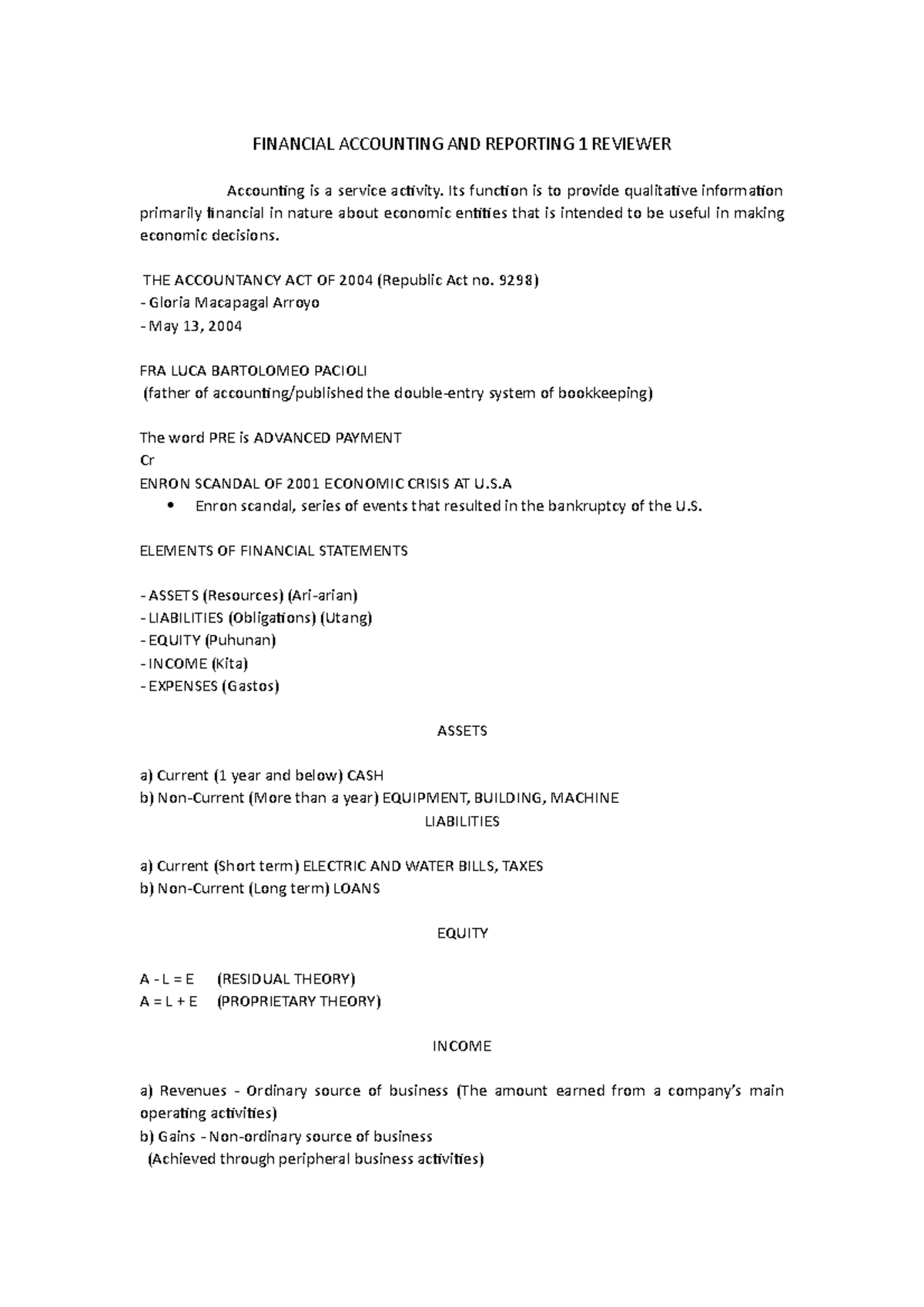 FAR 1 Reviewer - FINANCIAL ACCOUNTING AND REPORTING 1 REVIEWER ...