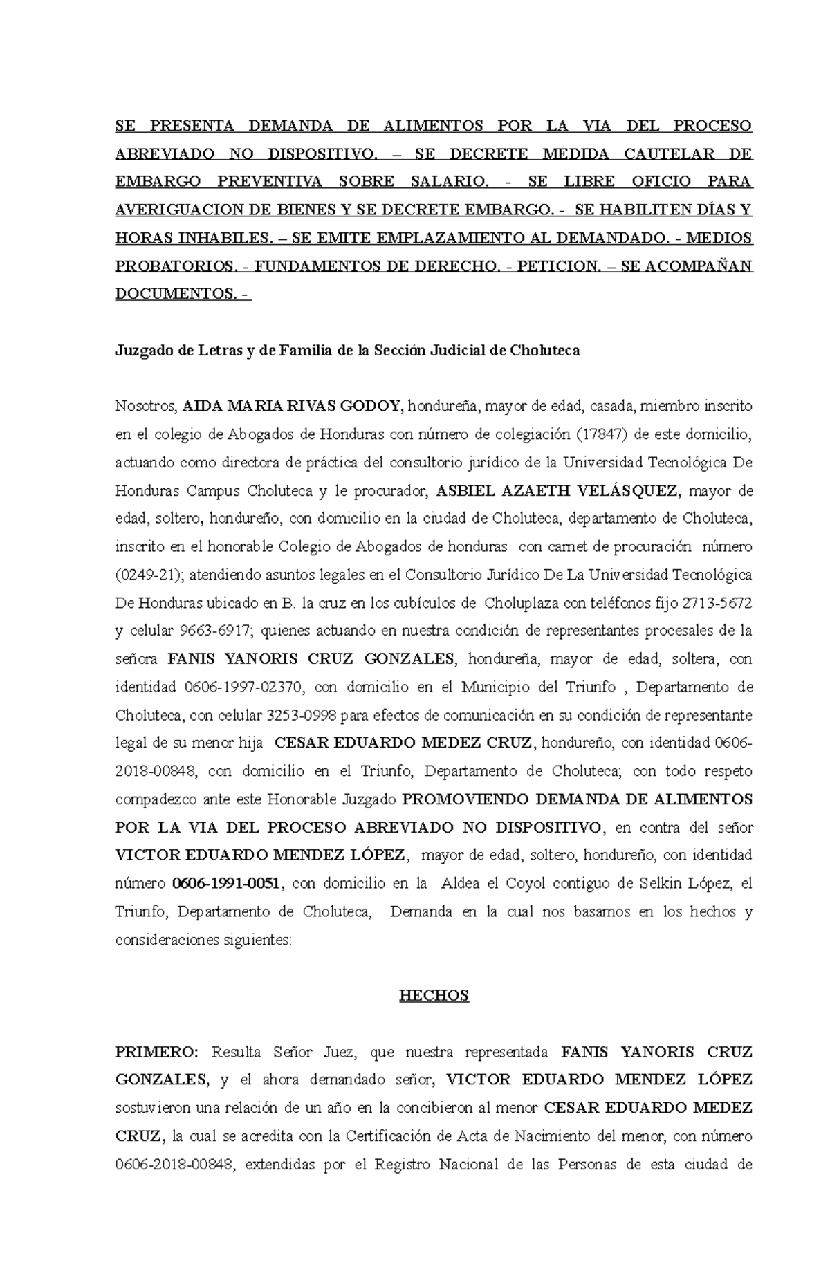 Demanda DE Alimentos - Asbiel Velásquez - SE PRESENTA DEMANDA DE ...