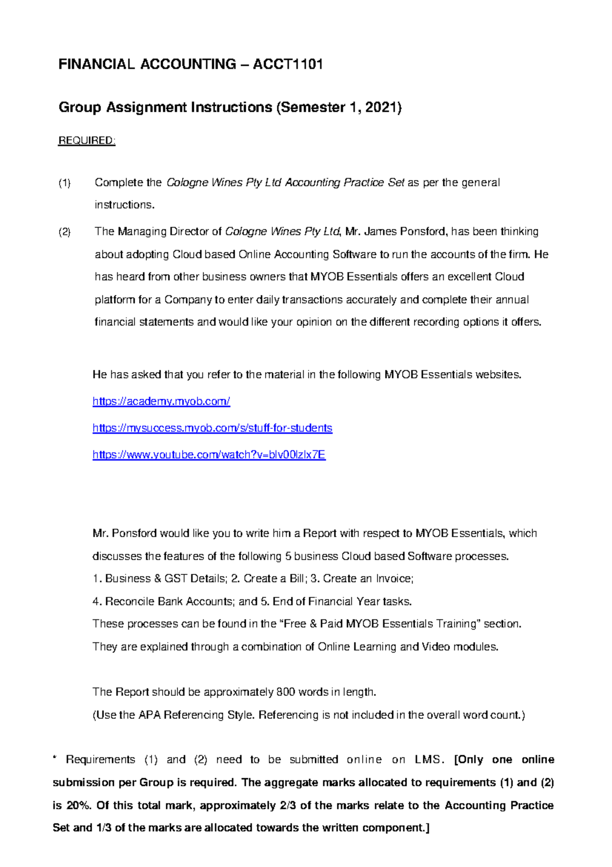 (2021) Group Assignment Instructions - Semester 1 [ACCT 1101 ...