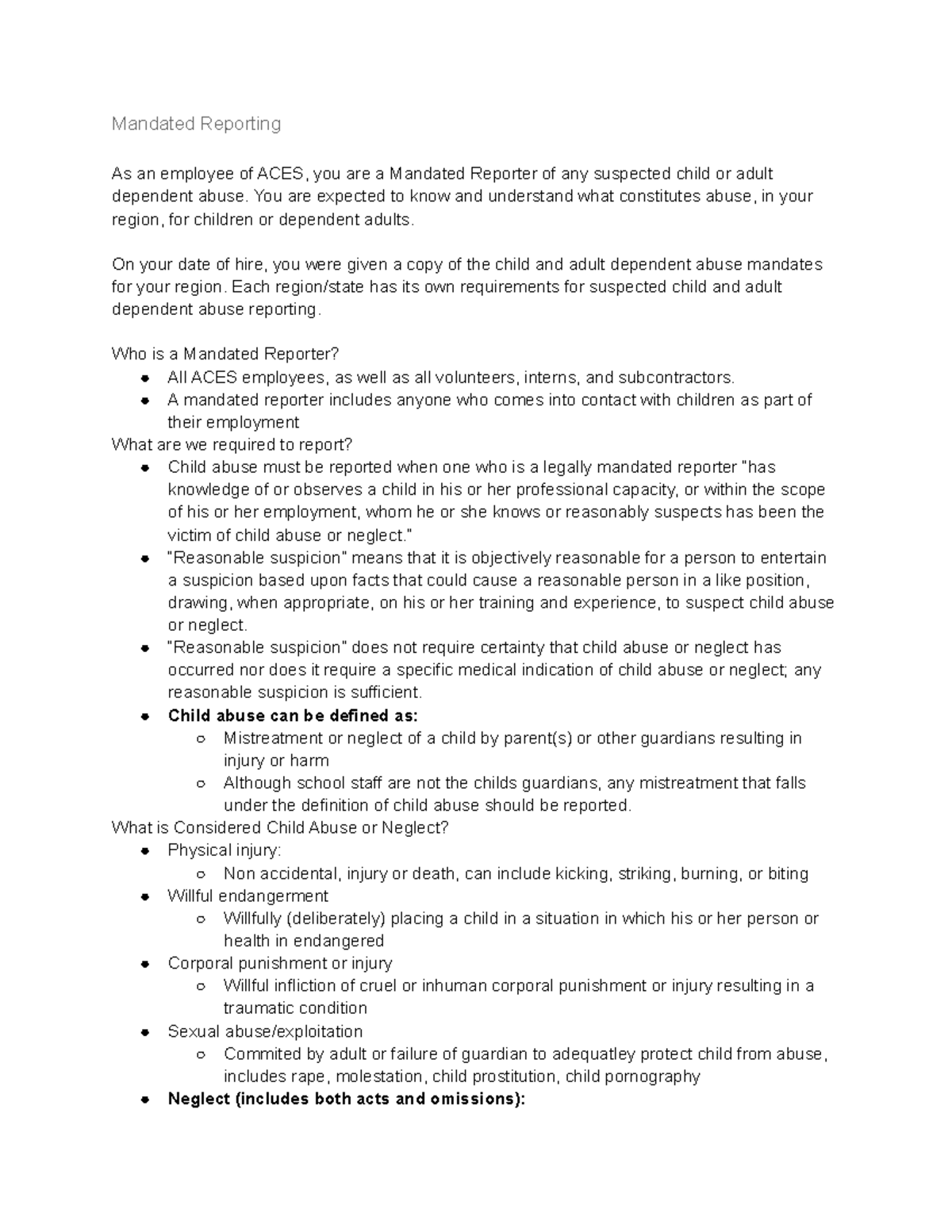 Mandated Reporting - n/a - Mandated Reporting As an employee of ACES ...