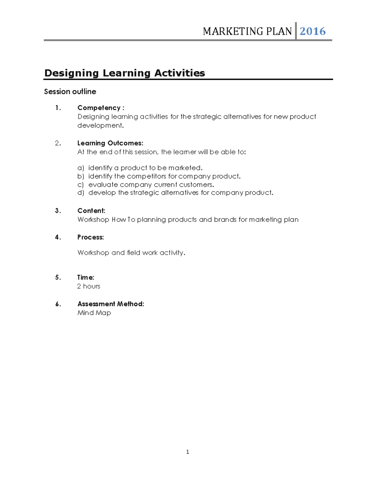 Activity New Product - MARKETING PLAN 2016 1 Designing Learning ...