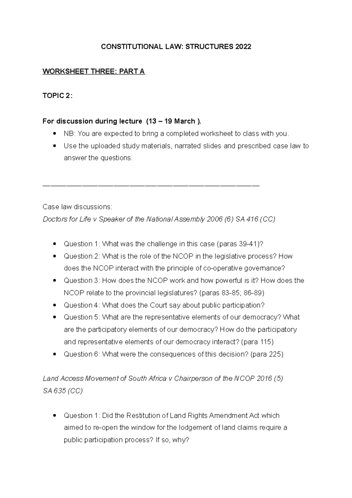Woksheet 3; Topic 2 (2023) - CONSTITUTIONAL LAW: STRUCTURES 2022 ...