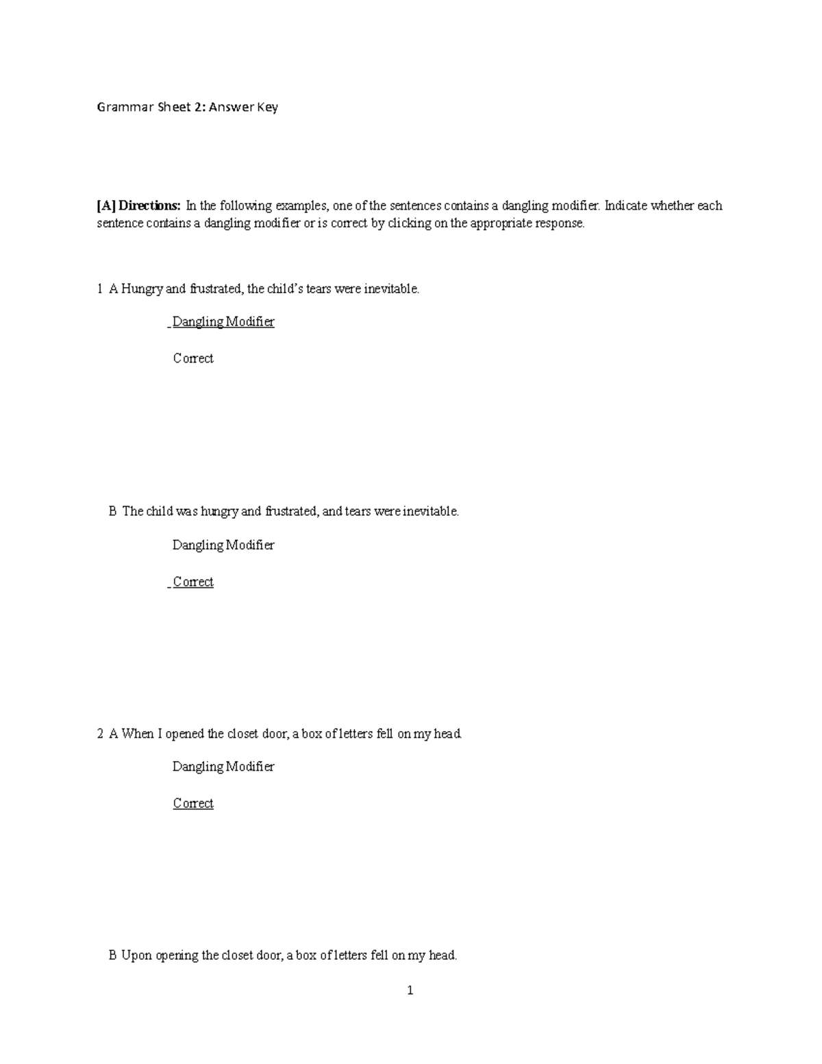 Grammar Sheet 2 Answer Key Grammar Sheet 2 Answer Key A Directions