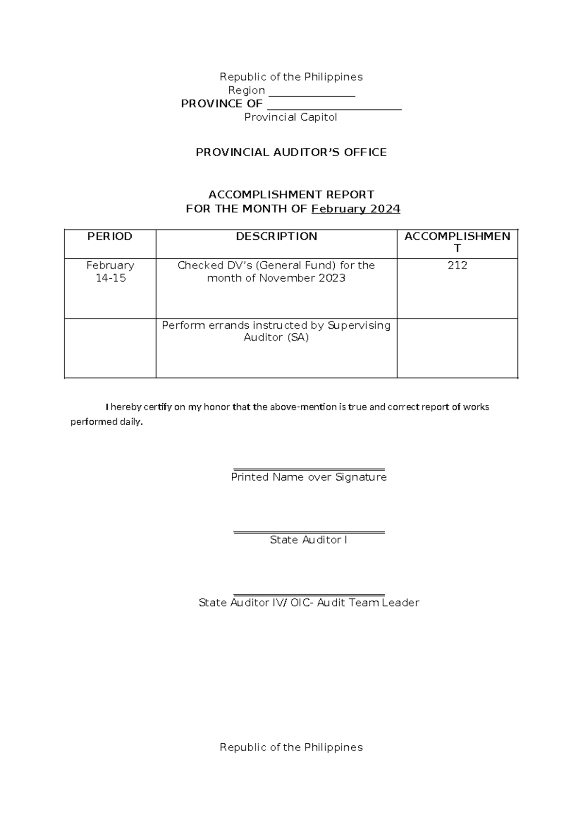 COA Provincial JO Accomplishment Report - Region ...