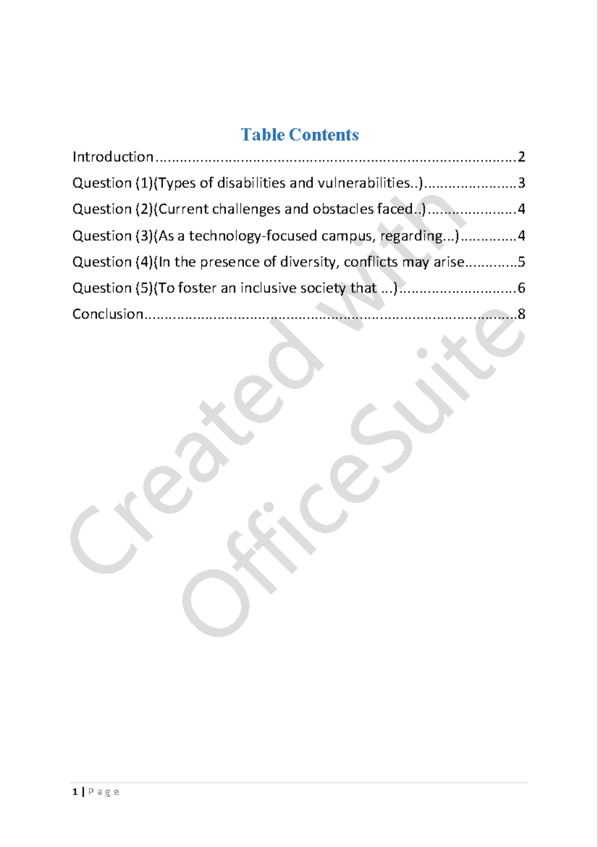 Inclusivness field work - Table Contents Introduction Question (1 ...
