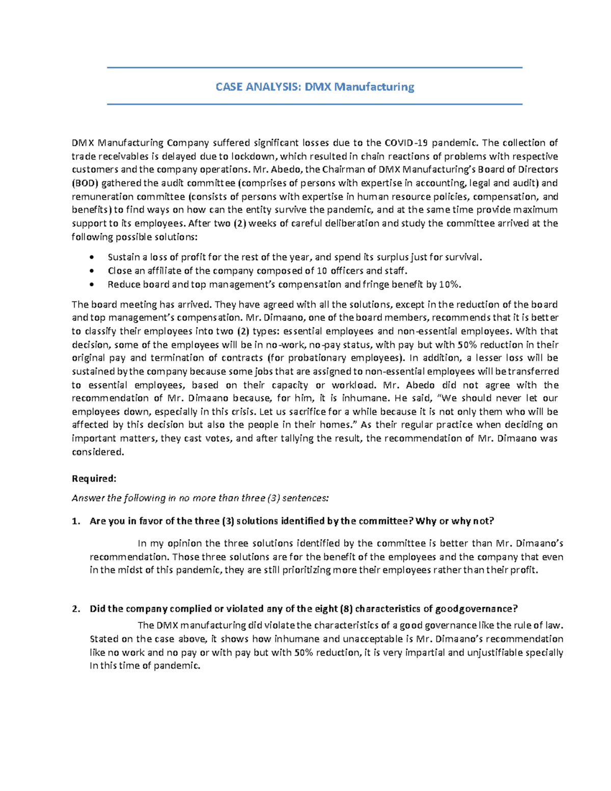 01TP - practice material - CASE ANALYSIS: DMX Manufacturing DMX ...