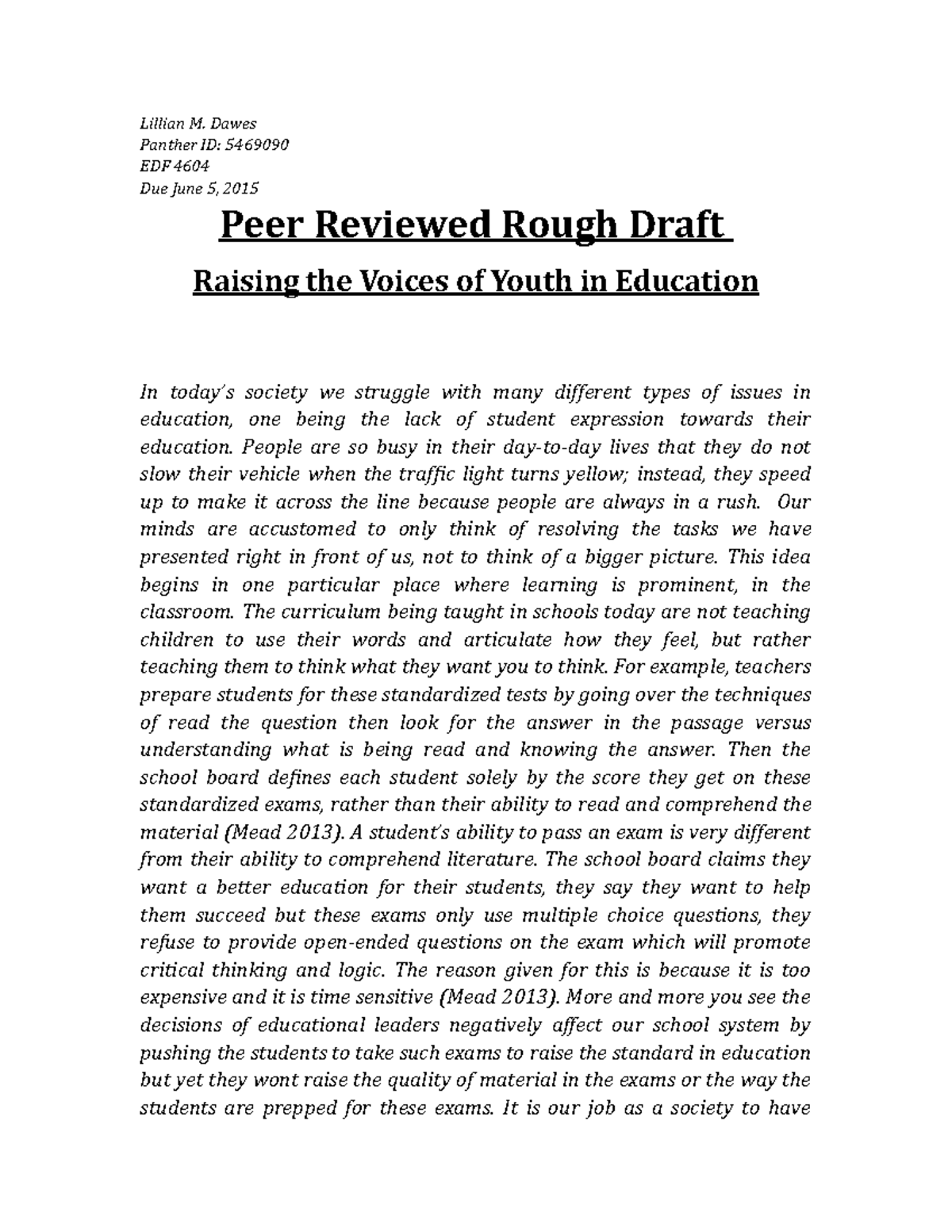 Peer Reviewed Rough Drafts - Lillian M. Dawes Panther ID: 5469090 EDF ...