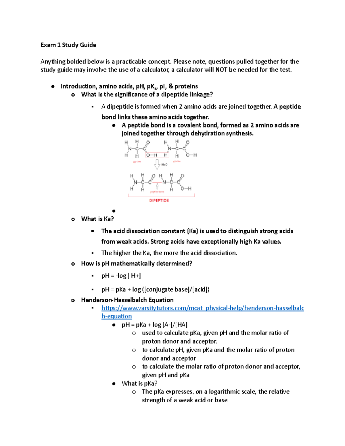 Biochem EXAM 1 grace + nancy guide - Exam 1 Study Guide Anything bolded below is a practicable ...