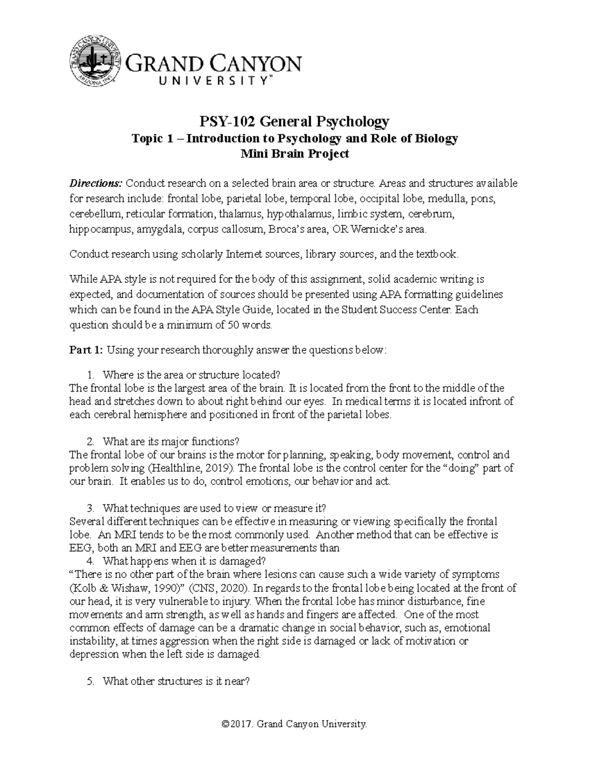 Mini Brain Project - Week 1 Assignment - PSY-102 General Psychology ...