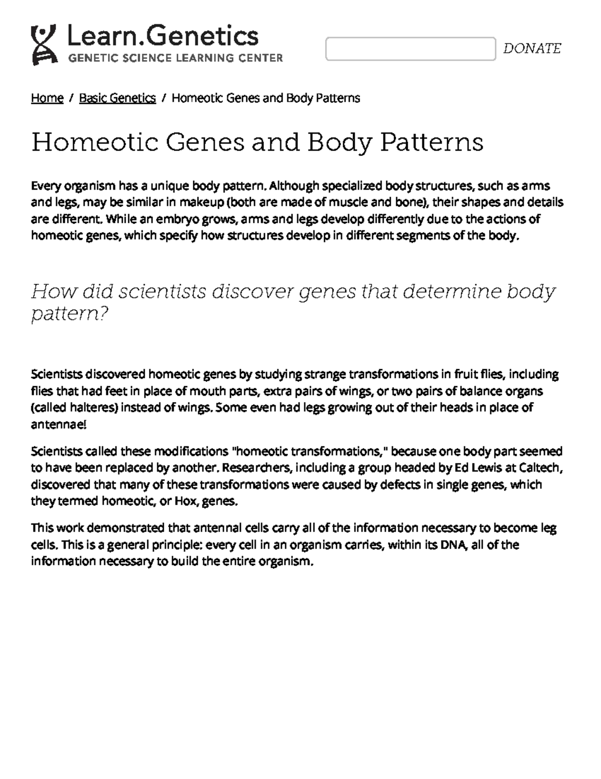Homeotic Genes and Body Patterns - DONATE Home / Basic Genetics ...