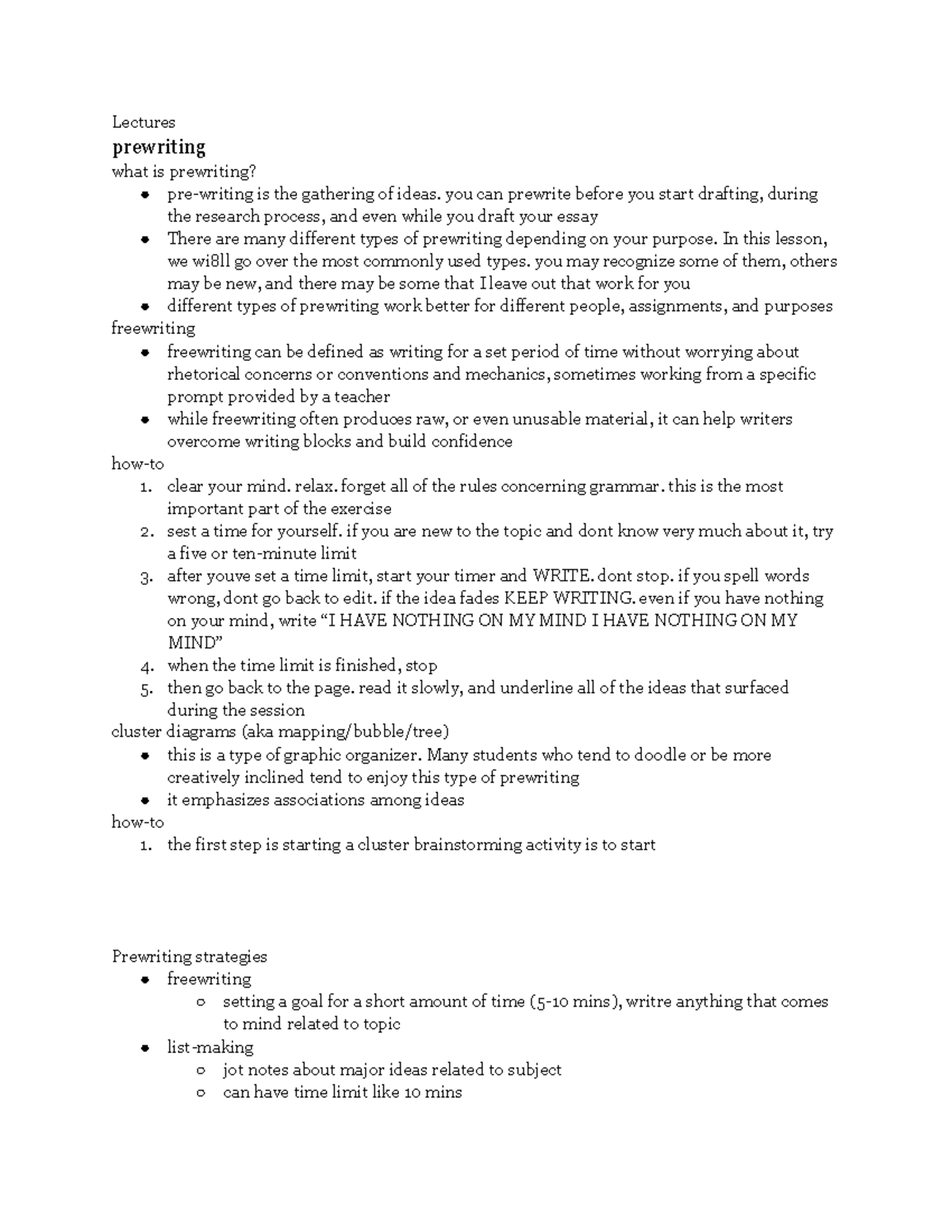 Eng exam notes - Lectures prewriting what is prewriting? pre-writing is ...