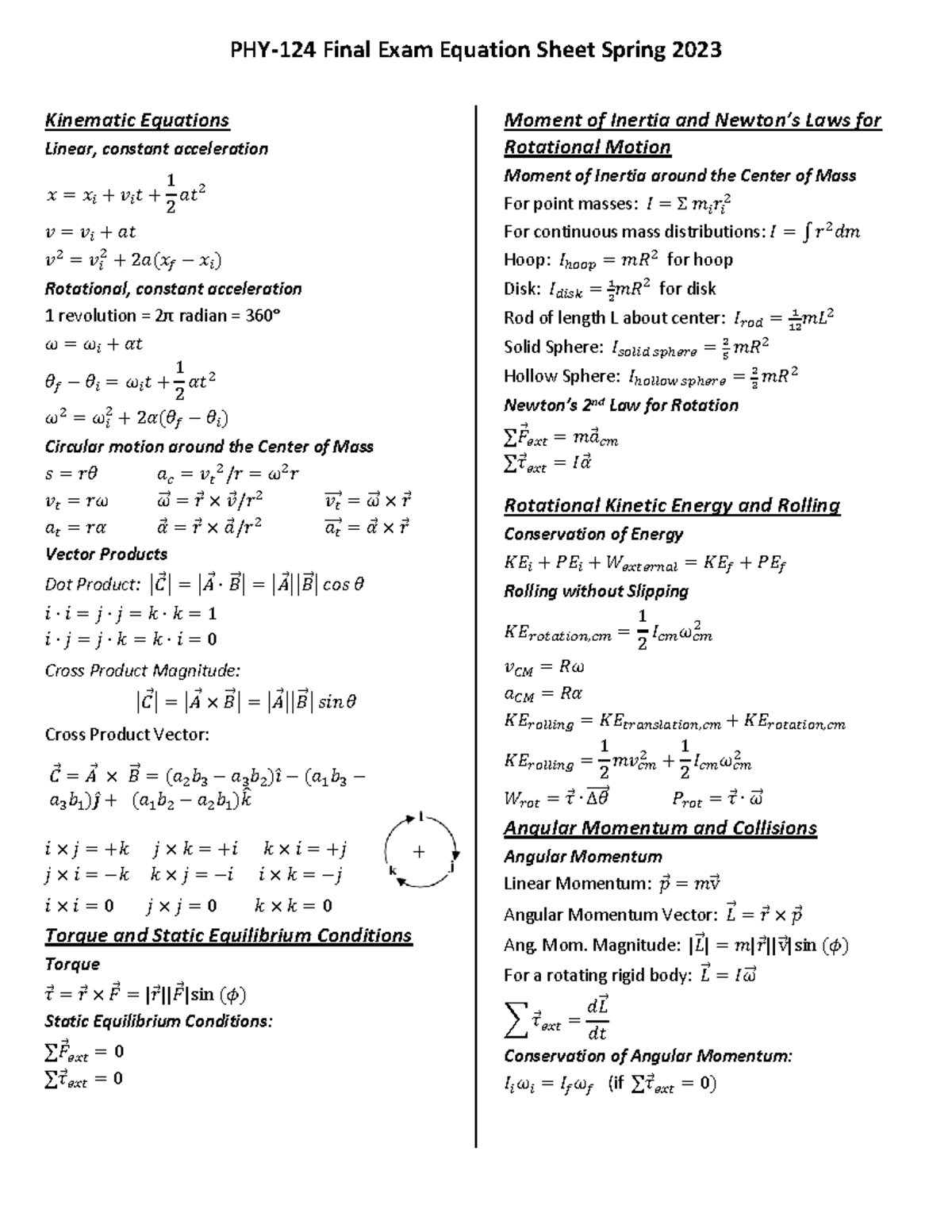 PHY-124 Final Exam Equation Sheet Spring 2023 to post - PHY- 124 Final ...