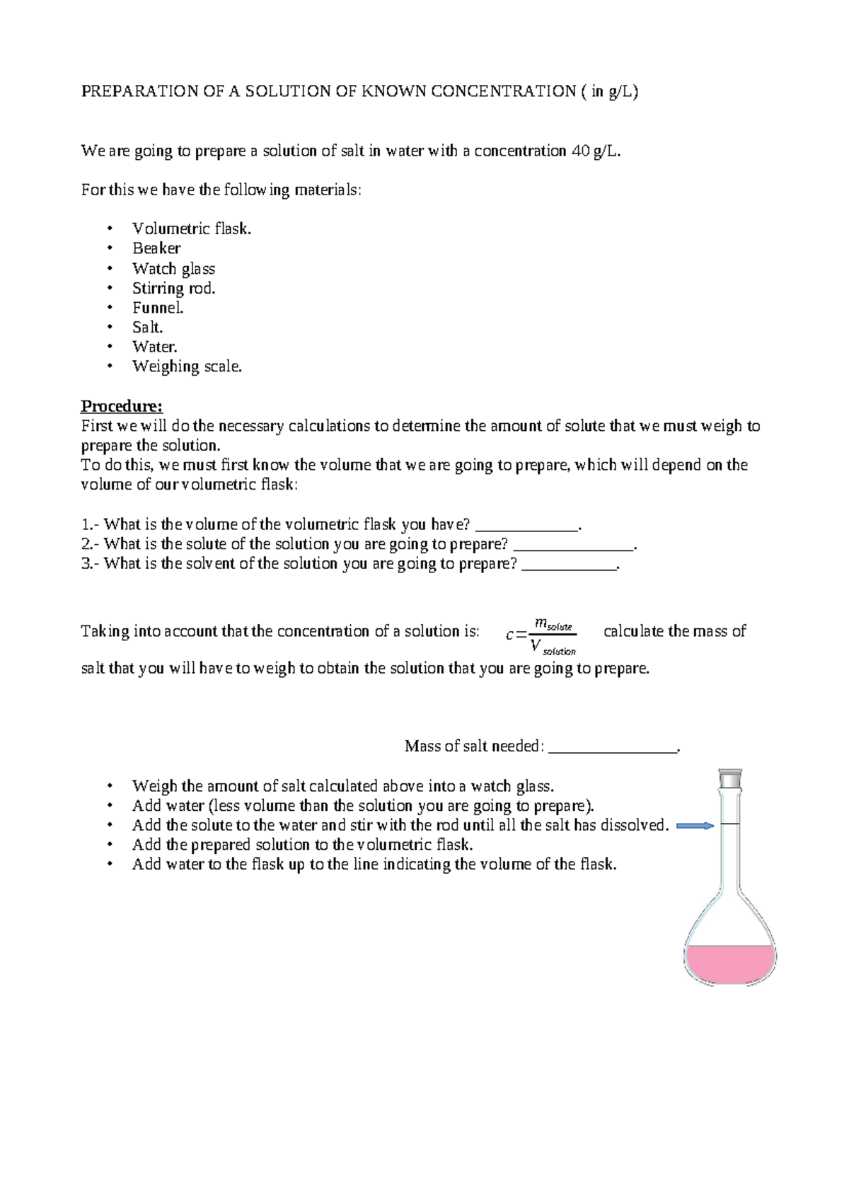 Preparation of a solution of known concentration - PREPARATION OF A ...