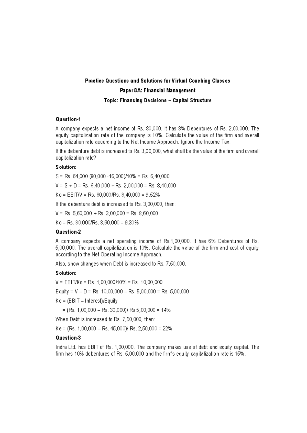 FINANCIAL MANAGEMENT - Practice Questions and Solutions for Virtual ...