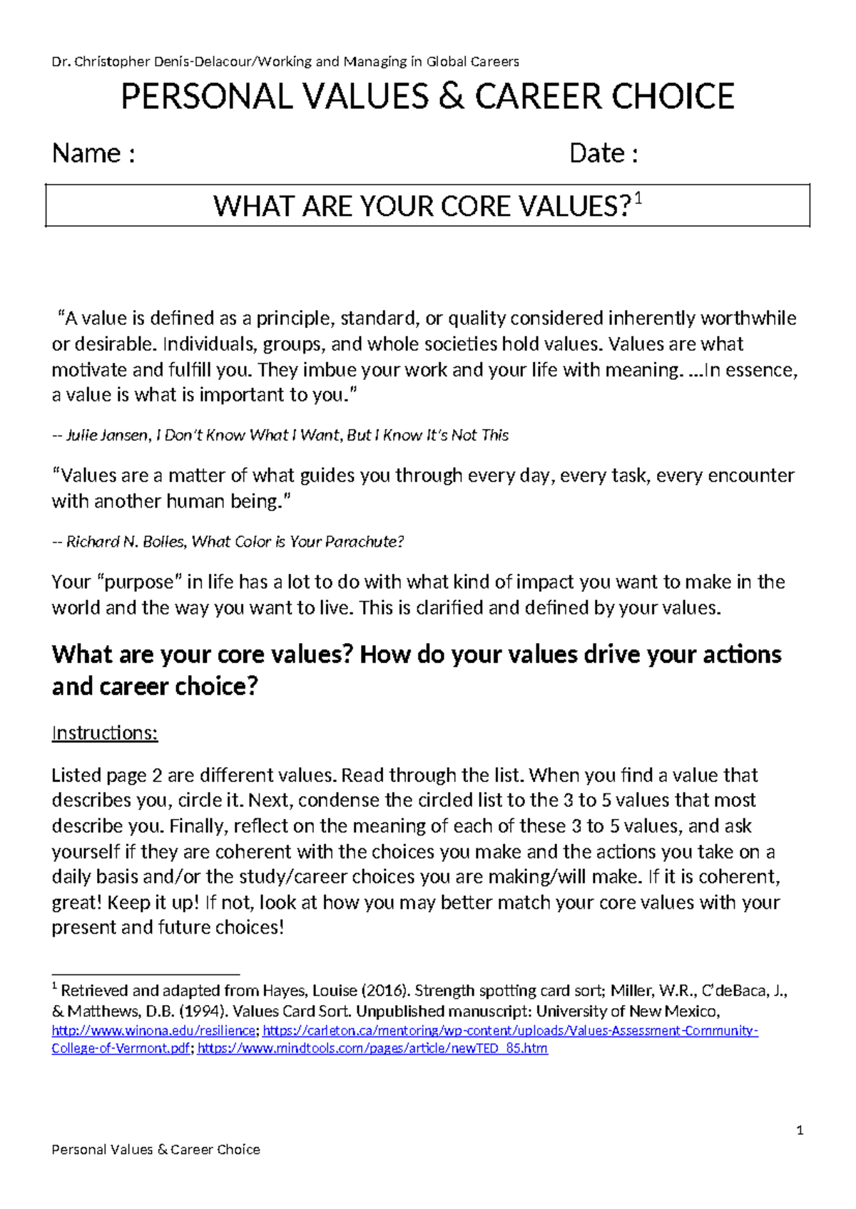 Personal Values and Career Choice worksheet 2 - PERSONAL VALUES ...