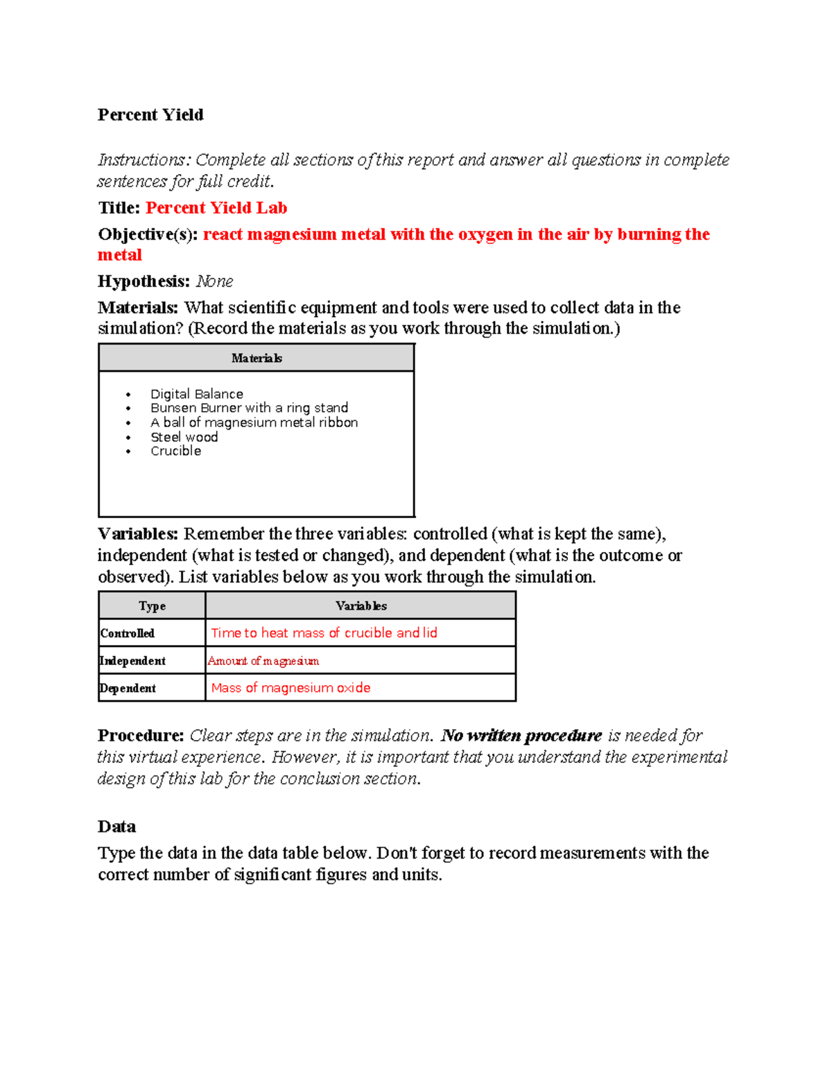5.07 Percent Yield - Chemistry work - Percent Yield Instructions ...
