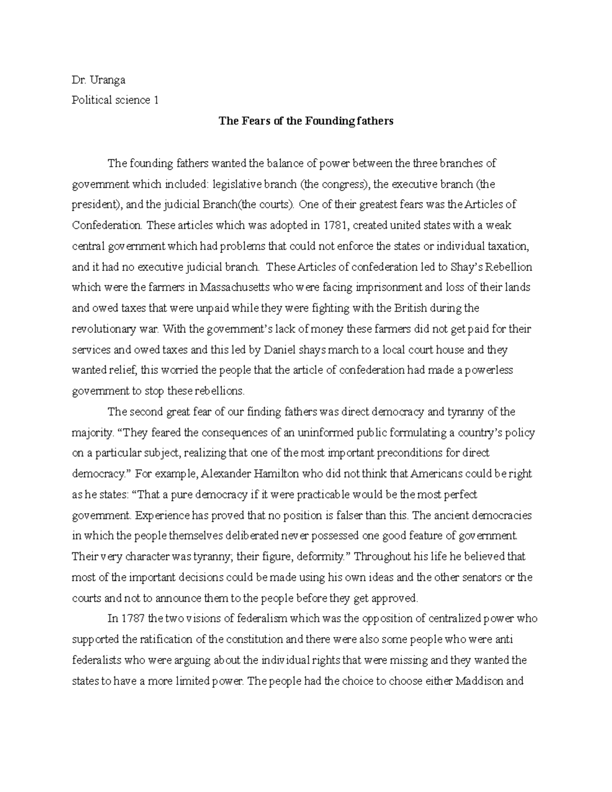 Fears of founding fathers - Dr. Uranga Political science 1 The Fears of ...