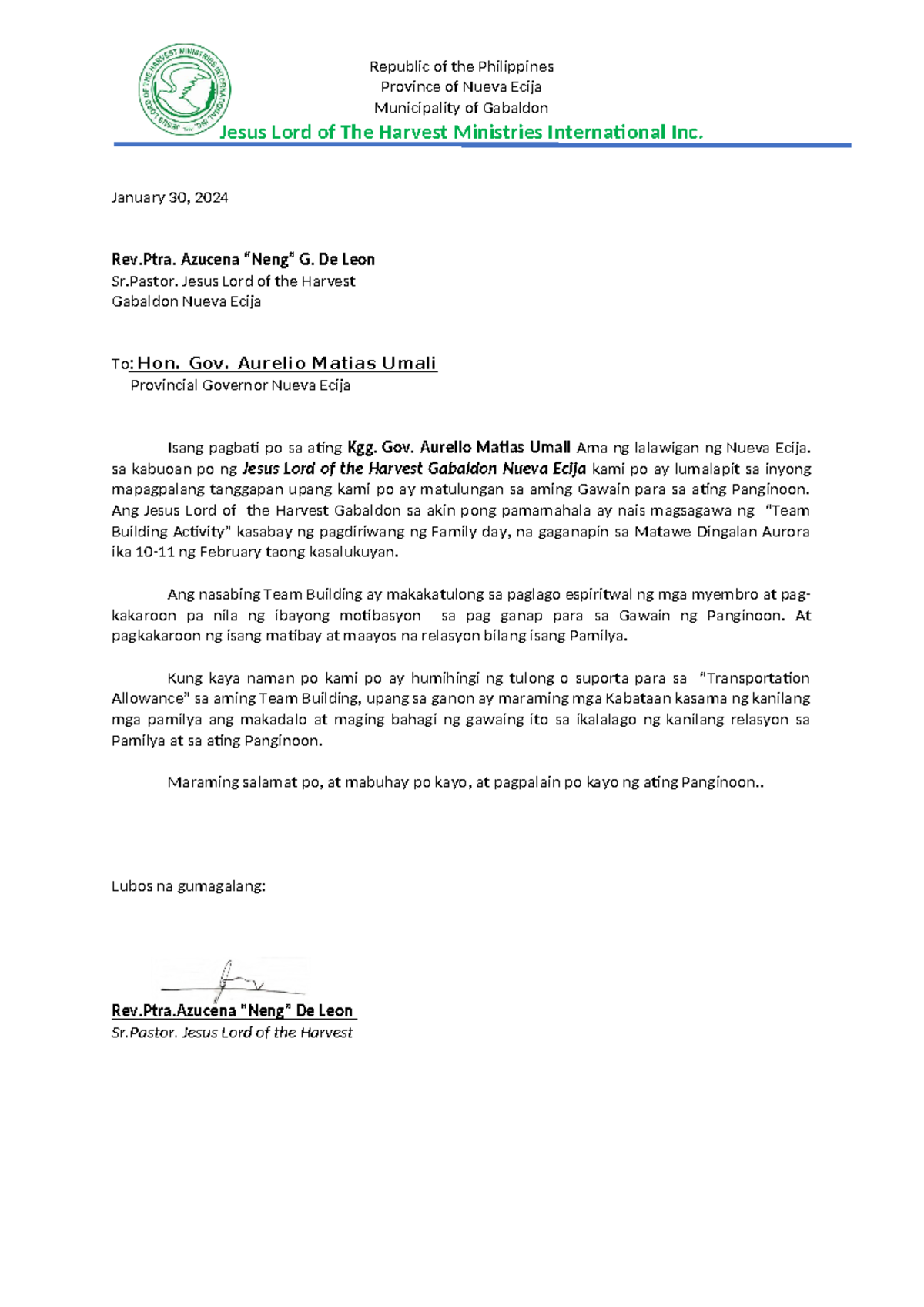 Letter request for Transportation Allowance - Republic of the ...