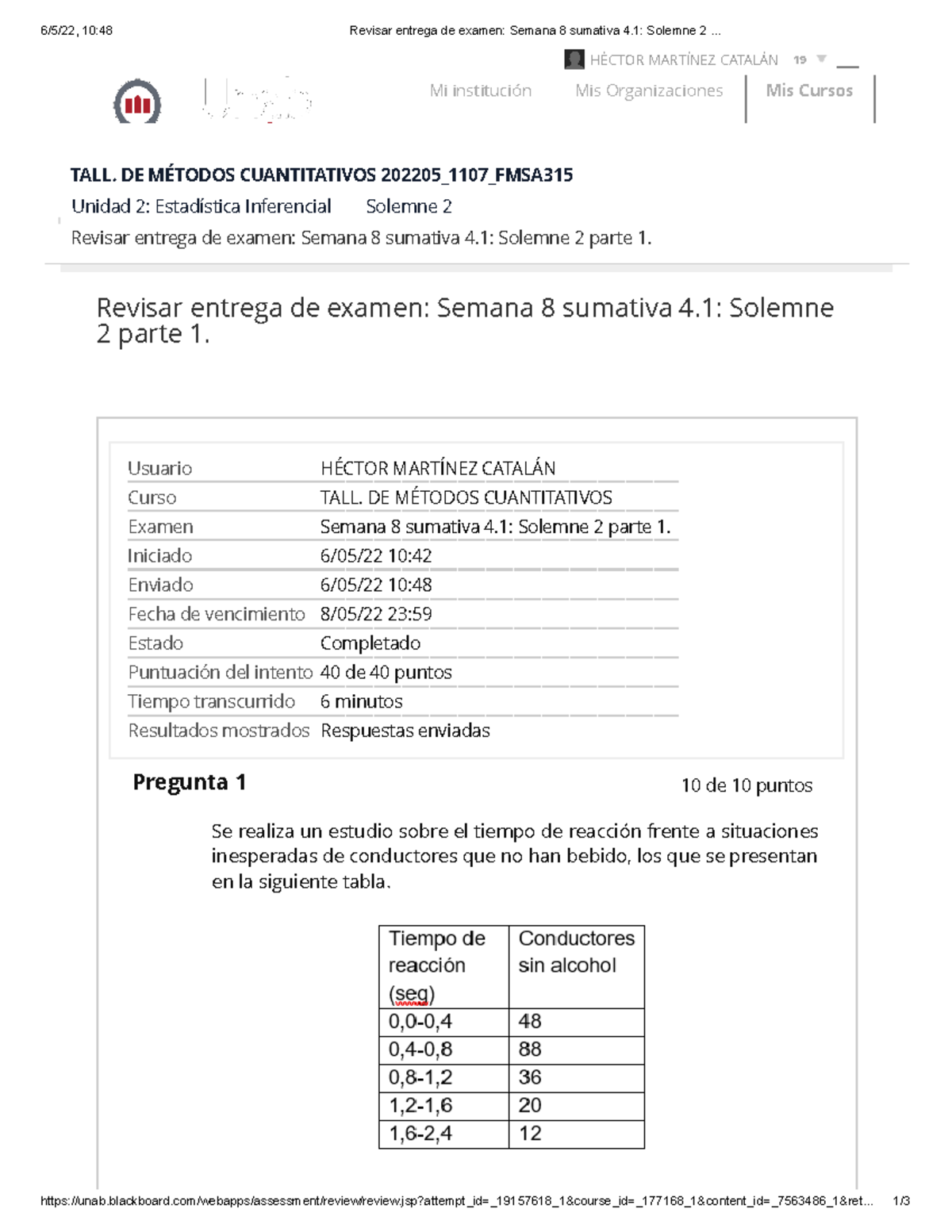Semana 8 Sumativa 2.1 Solemne 1 .. - 6/5/22, 10:48 Revisar entrega de examen: Semana 8 sumativa ...