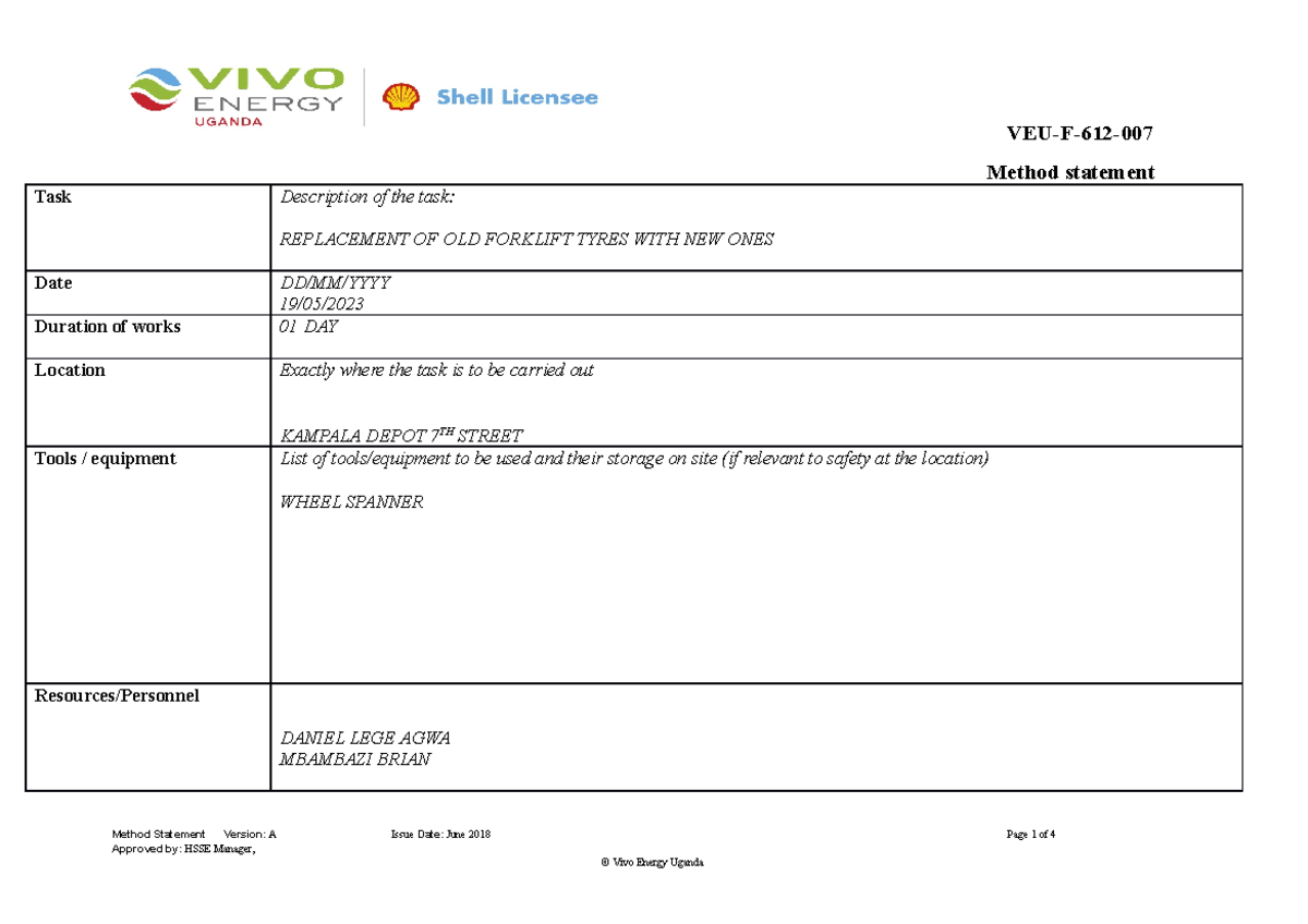 VEU-F-612-007-Method Statement Template Forklift - BSc. Civil ...