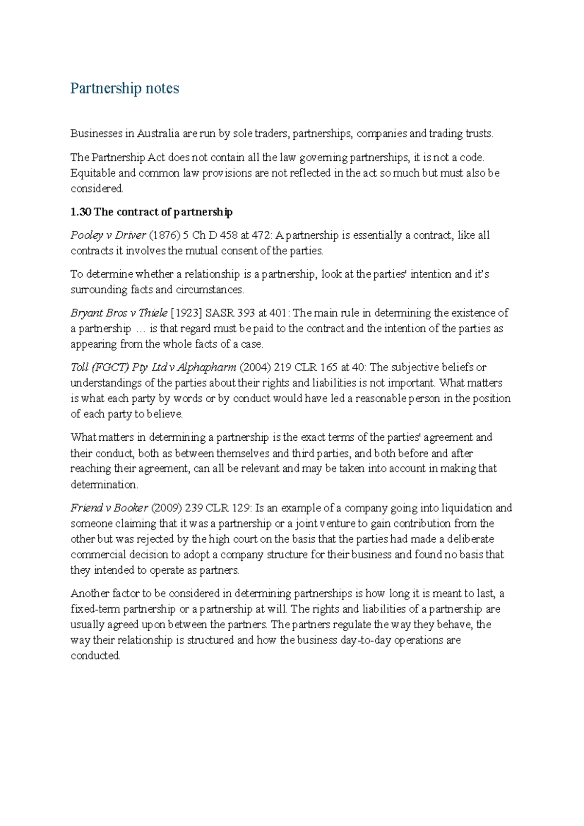 Partnership notes - Partnership notes Businesses in Australia are run ...